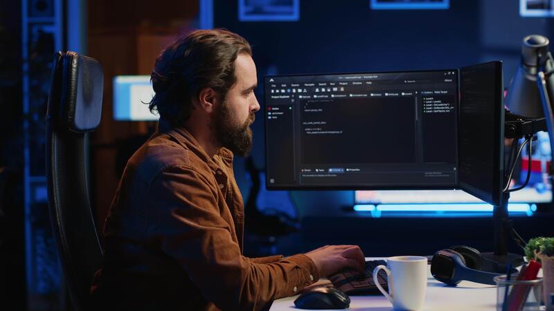 Programmer doing web development during remote job shift in neon lit ...