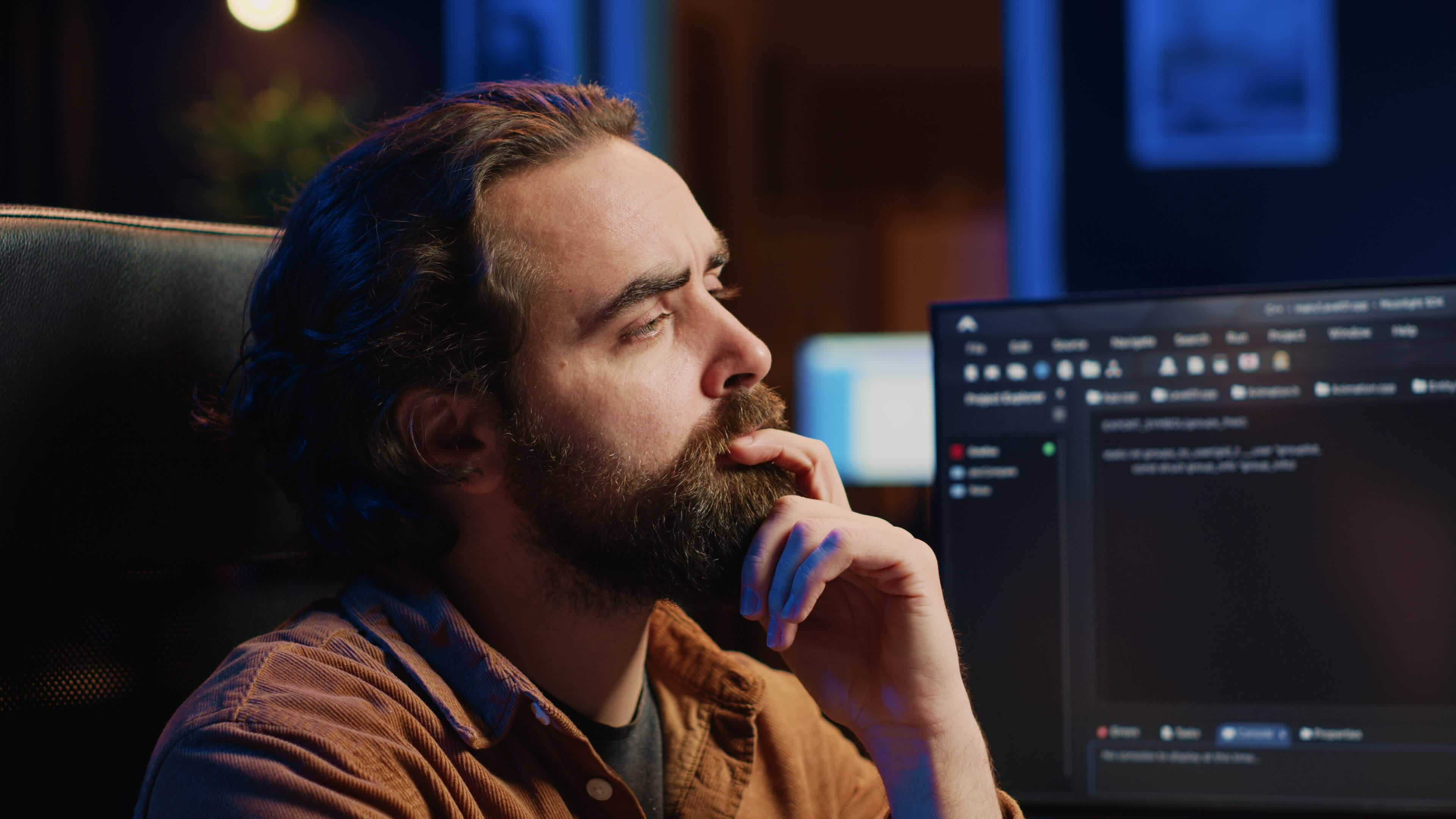 Software Technician Puzzled In Front Of Computer Screen While Writing Complex Code Thinking Of
