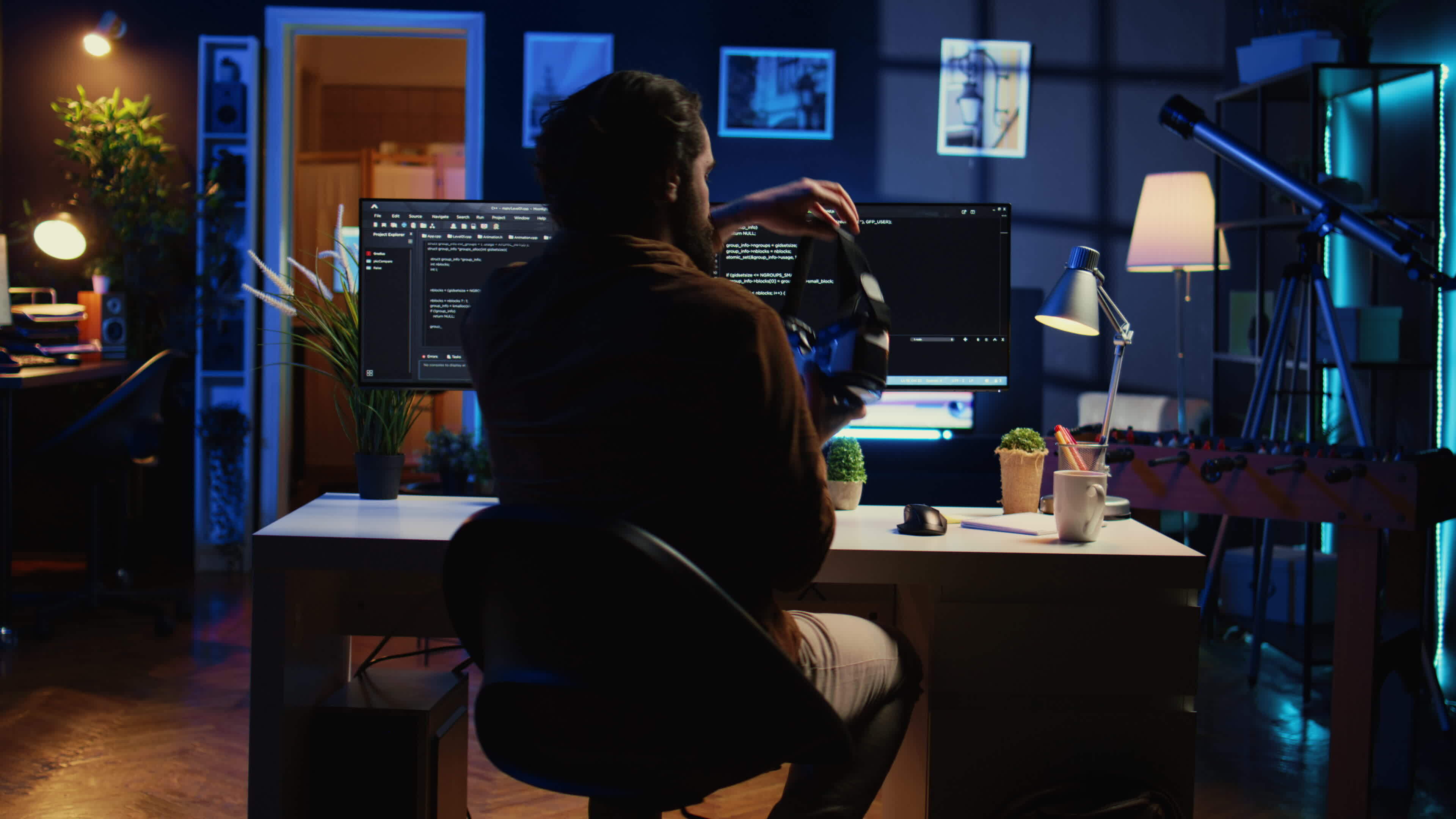 Teleworking Programmer Using Futuristic Vr Glasses In Home Office To Do Javascript Programming