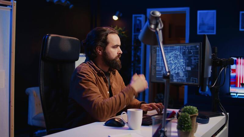 Software Developer Writes Code On Multimonitor Setup Pc To Visualize Artificial Intelligence
