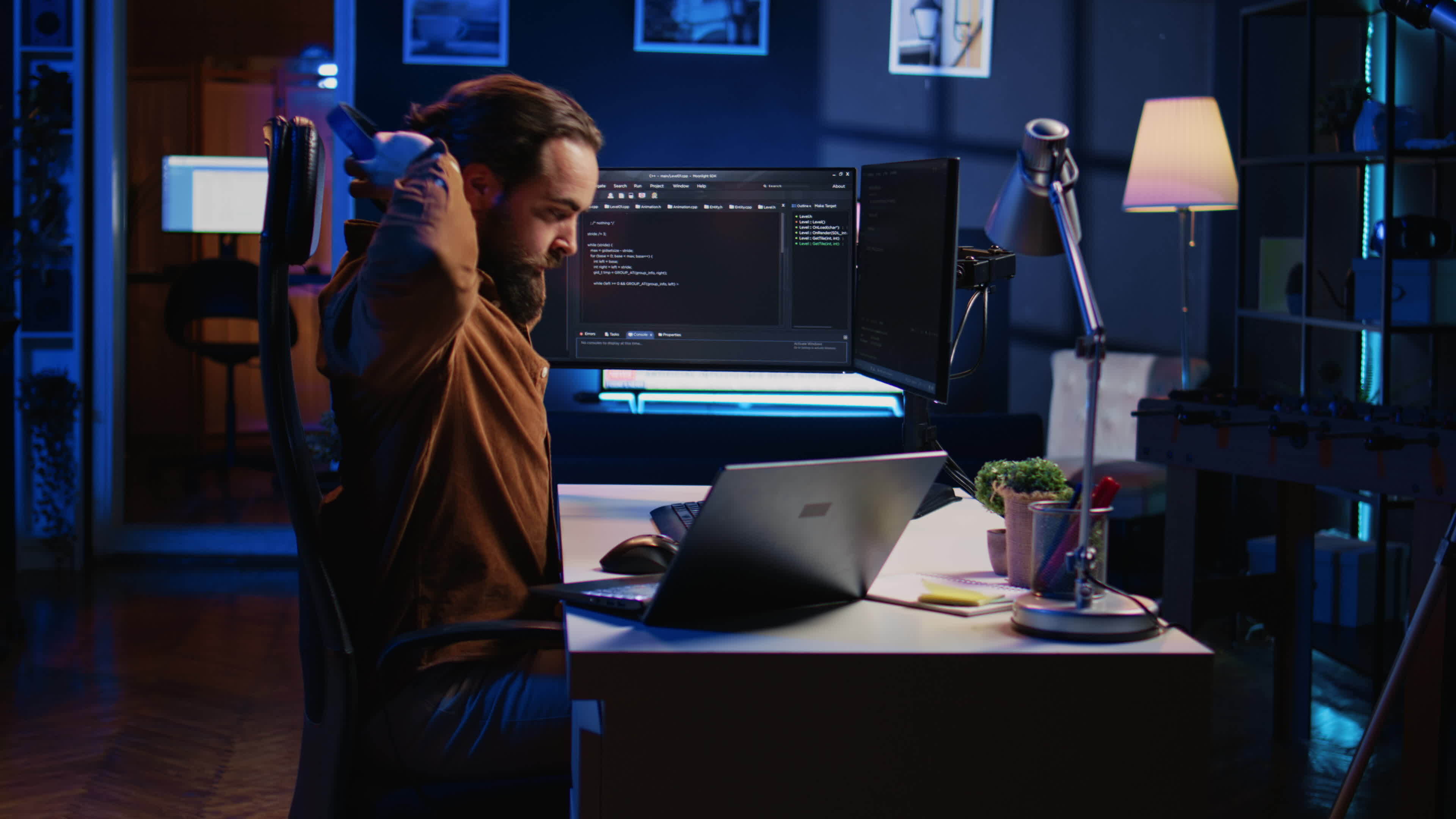 Fatigued developer working overnight at home, rubbing eyes while taking ... Fatigued developer working overnight at home, rubbing eyes while taking ...