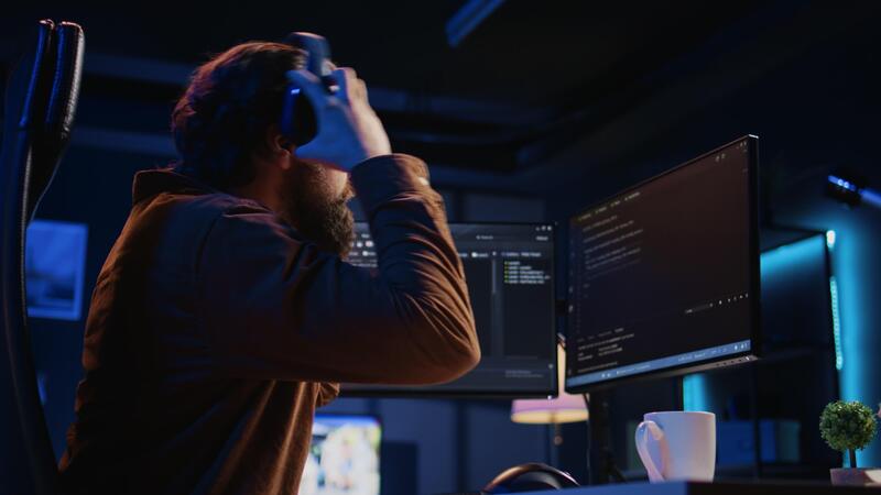 Cheerful programmer listening music while doing web development during ...