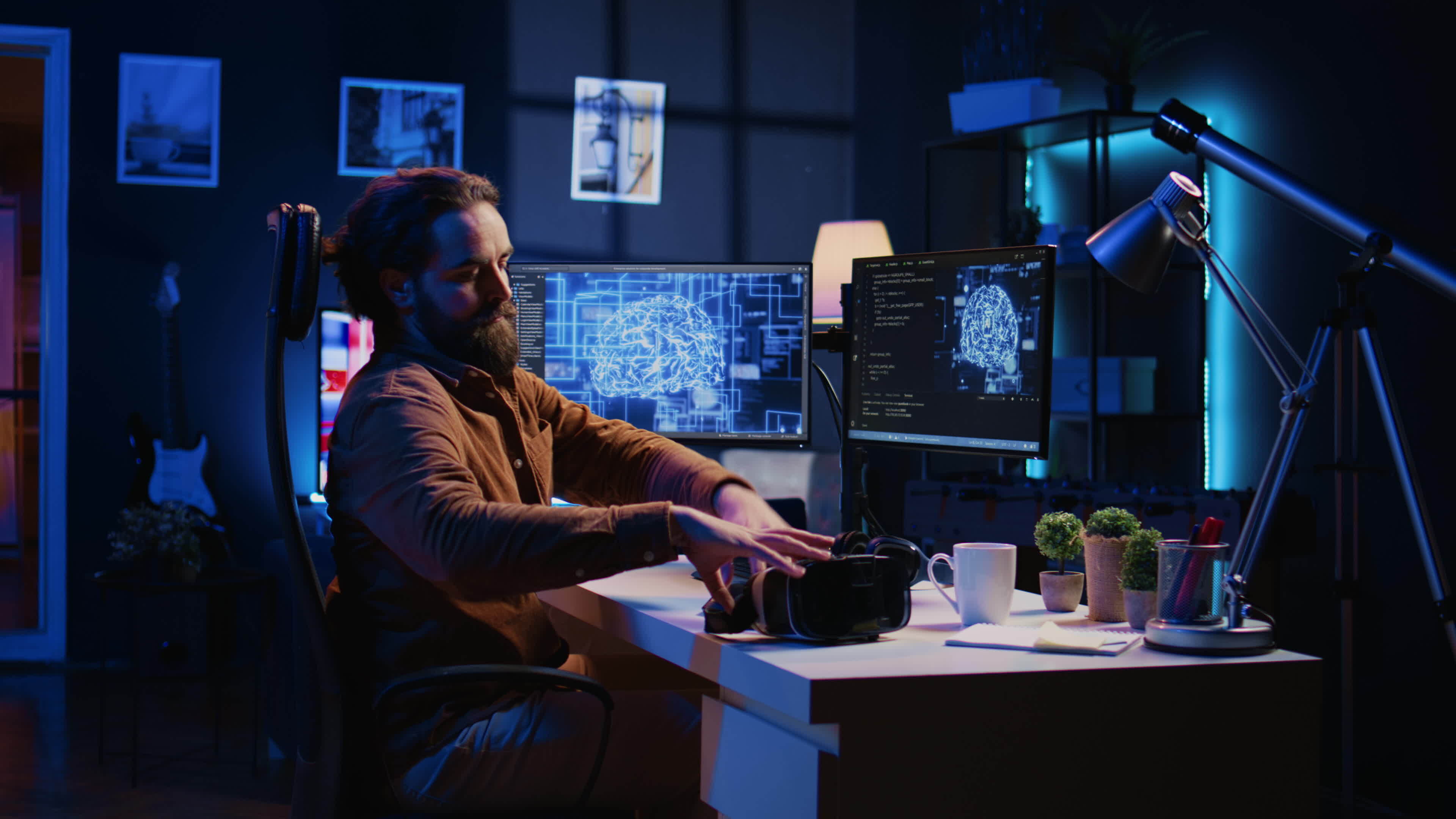 Computer scientist wearing VR glasses panicking after AI gains omniscience, throwing goggles and ...