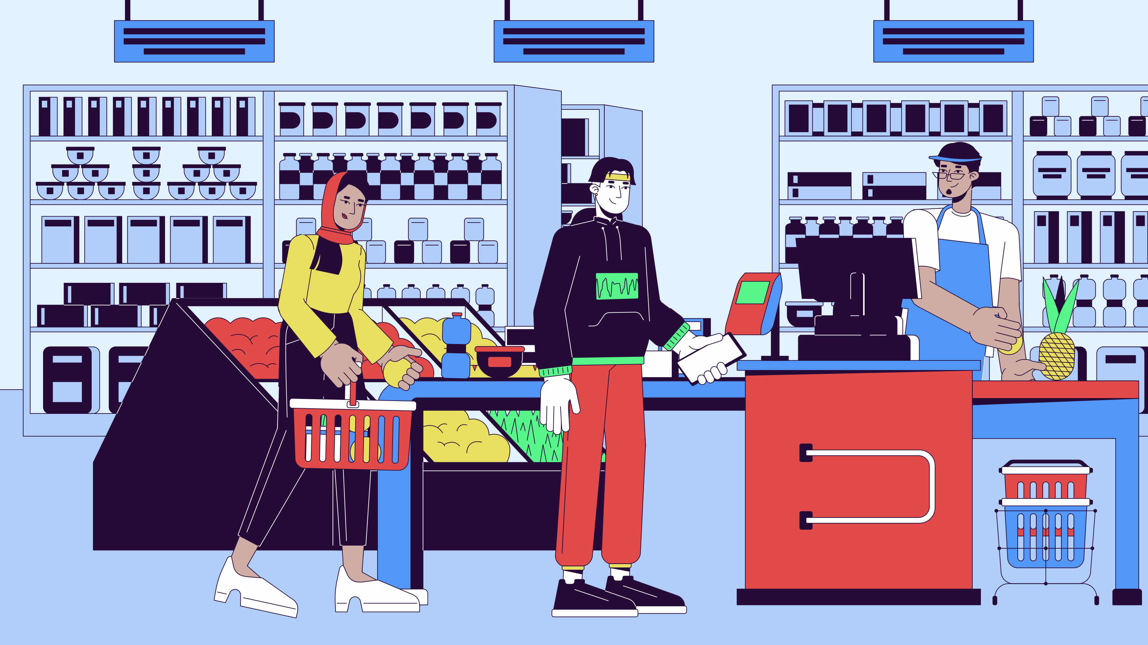 Wireless Paying At Grocery Line Cartoon Animation Checkout Line