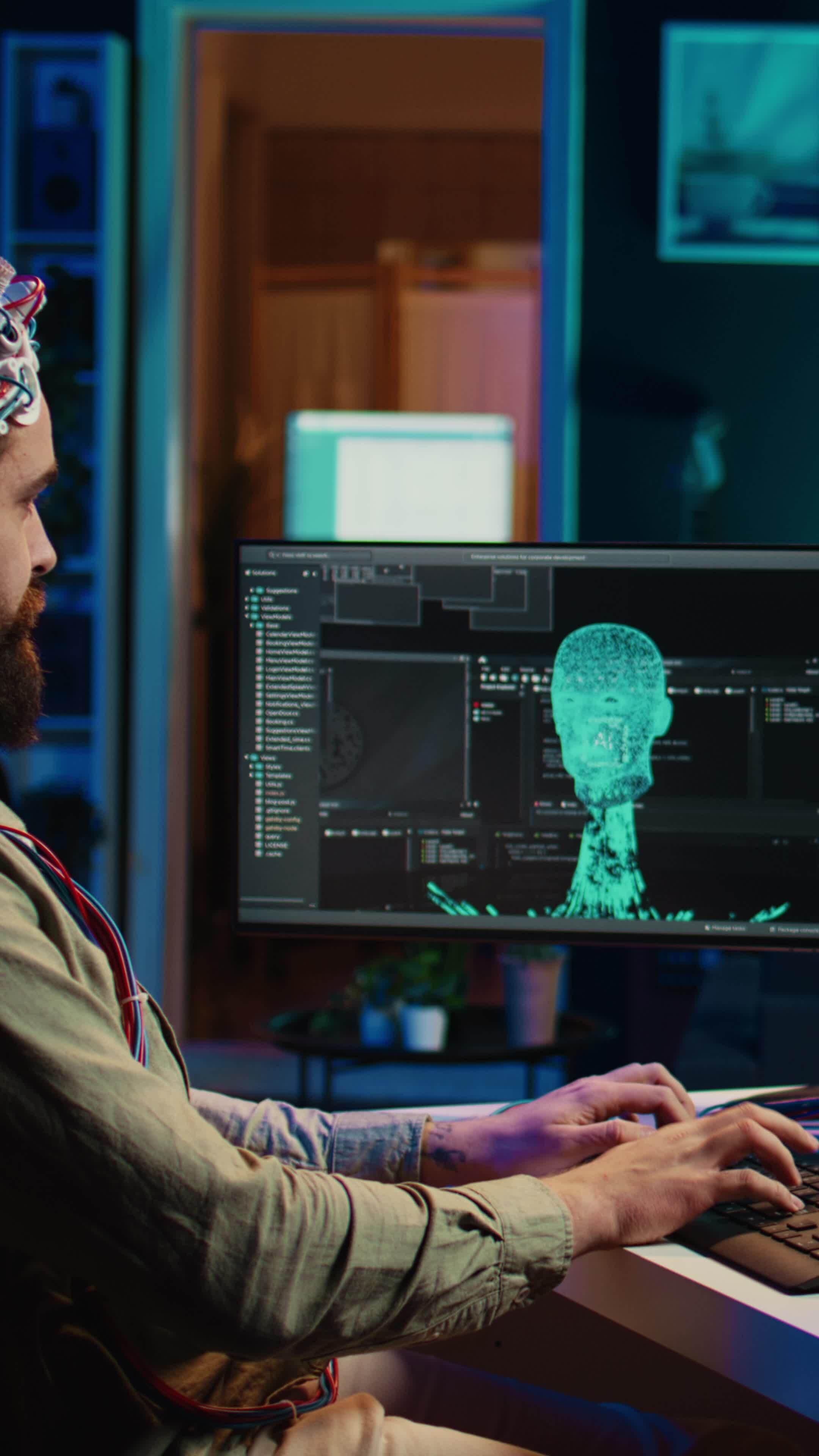 Vertical video Developer using EEG headset, starting mind upload process using isolated screen ...