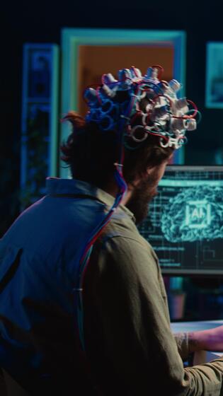 Vertical video Man with EEG headset on writing code allowing him to ...