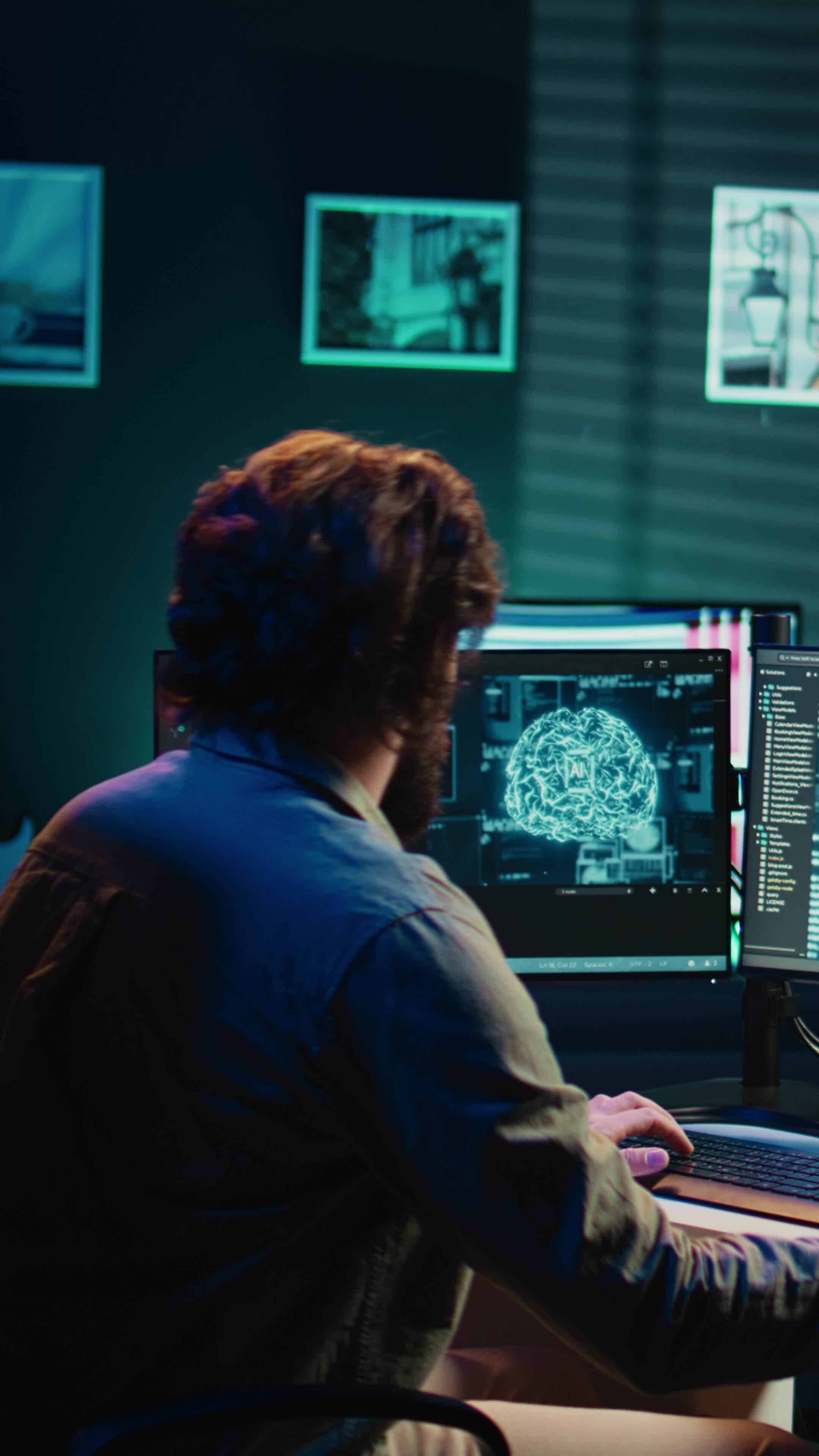 Vertical video Computer scientist updating artificial intelligence ... Vertical video Computer scientist updating artificial intelligence ...
