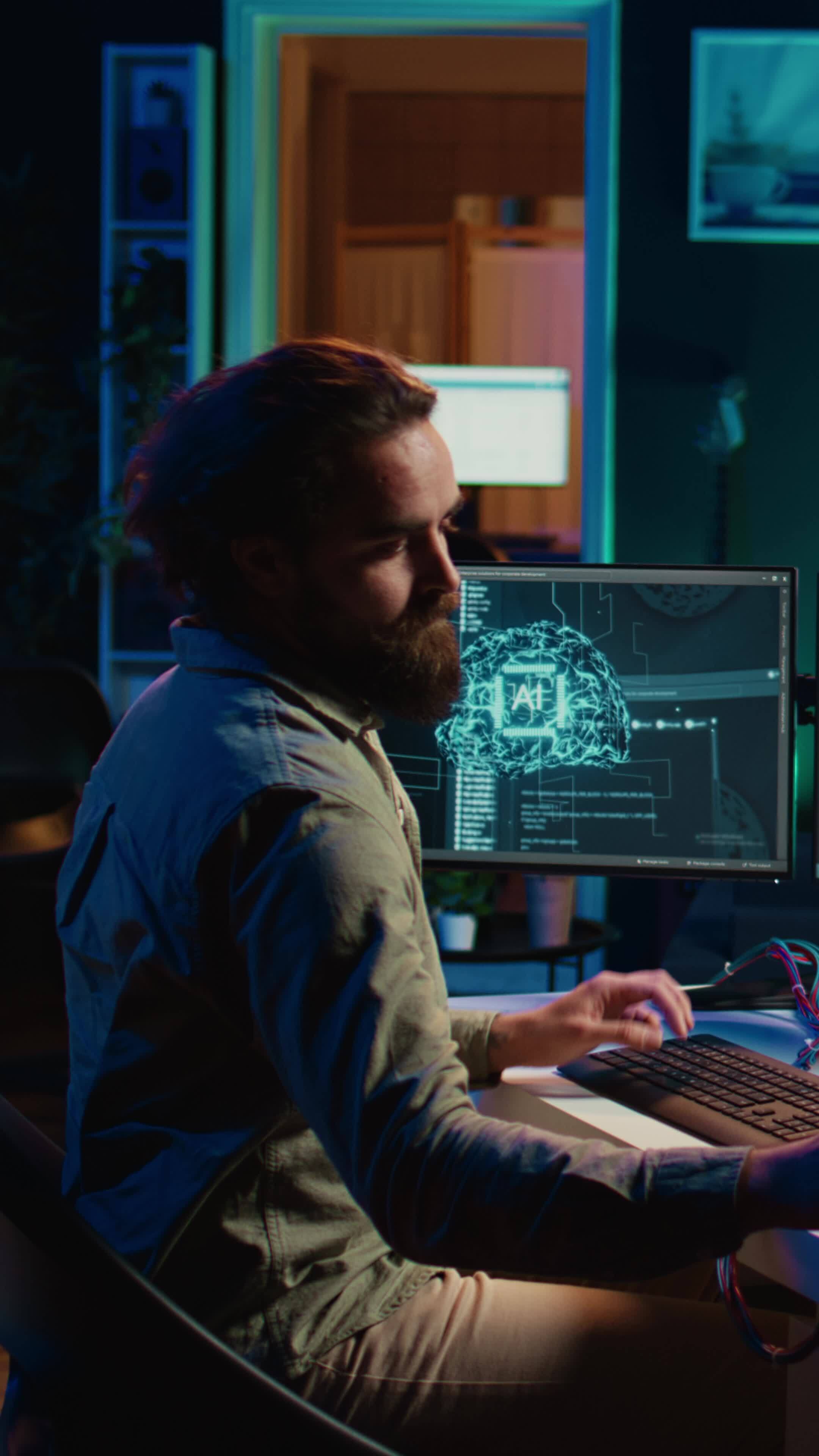 Vertical video Man puts EEG headset on to transfer mind into computer ...