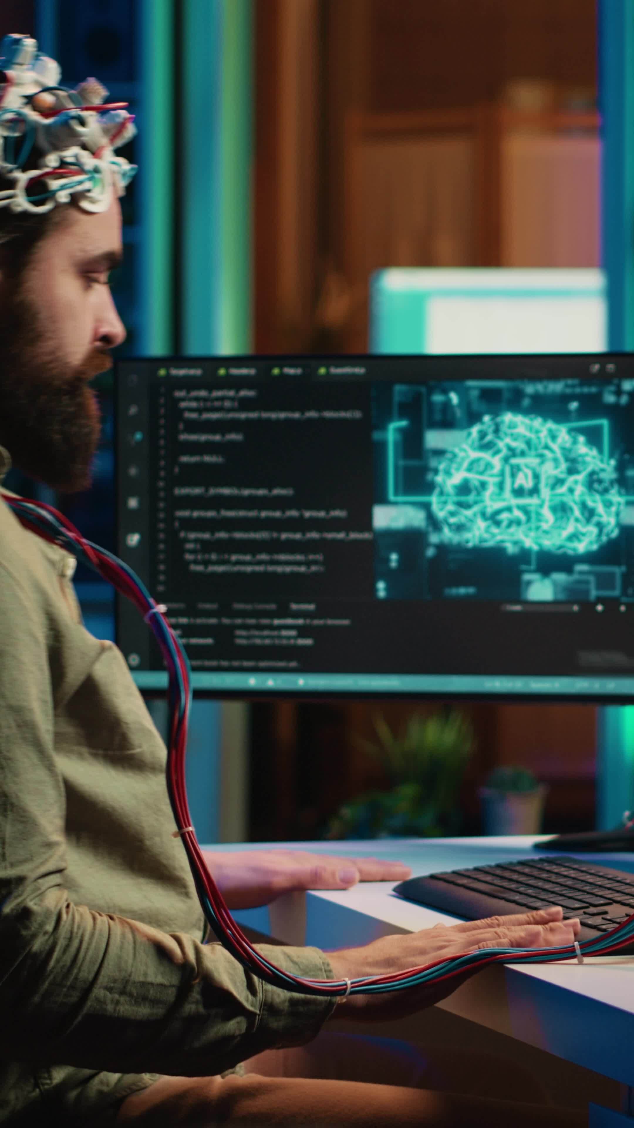 Vertical video Engineer uploading brain into cyberspace, entering trance, becoming godlike ...