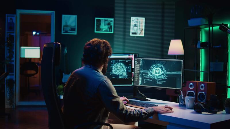 Computer scientist updating artificial intelligence algorithm, making it become sentient. IT ...