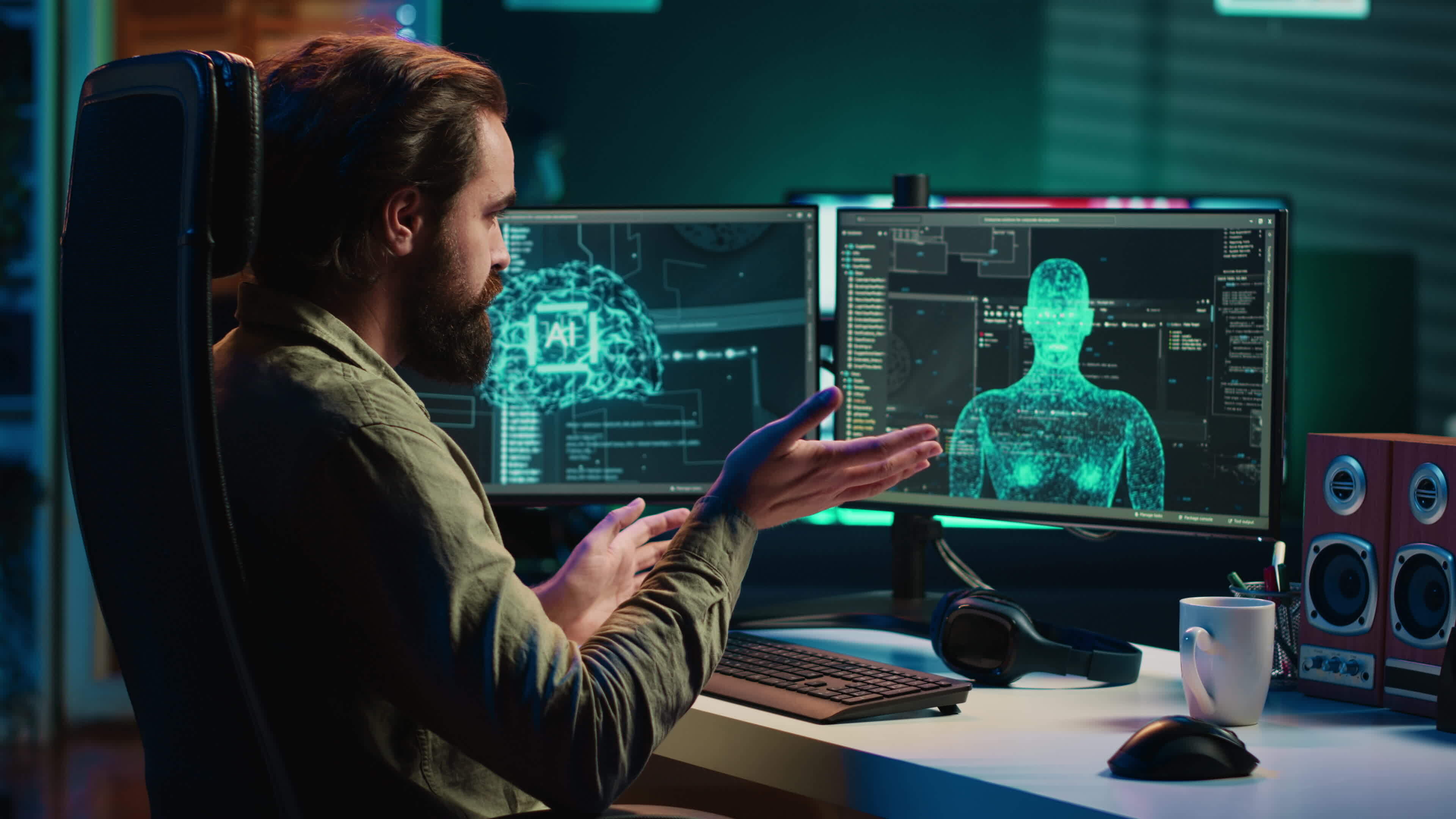 Self Aware Ai Gaining Anthropomorphic Form Inside Cyberspace Waving Hand Saluting Programmer