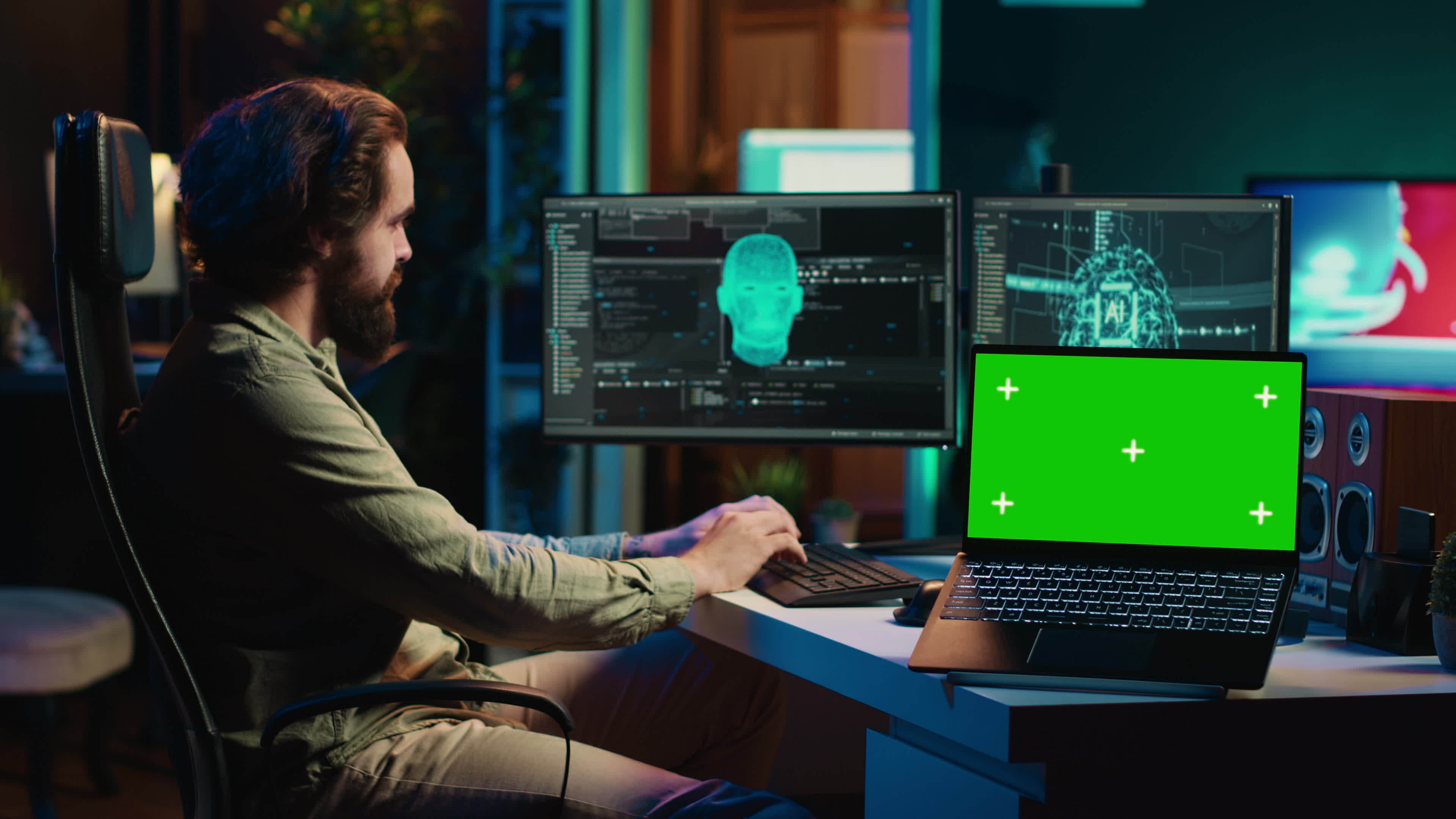 AI becoming sentient, chatting with computer scientist, asking existential questions, green ...