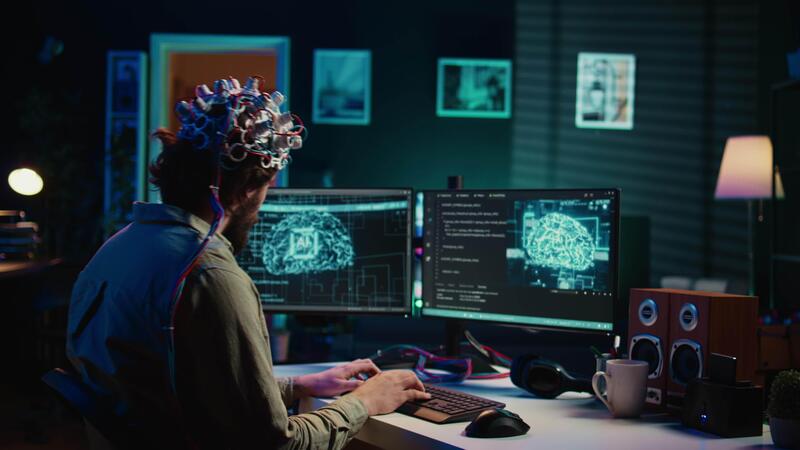Man with EEG headset on writing code allowing him to transfer mind into ...