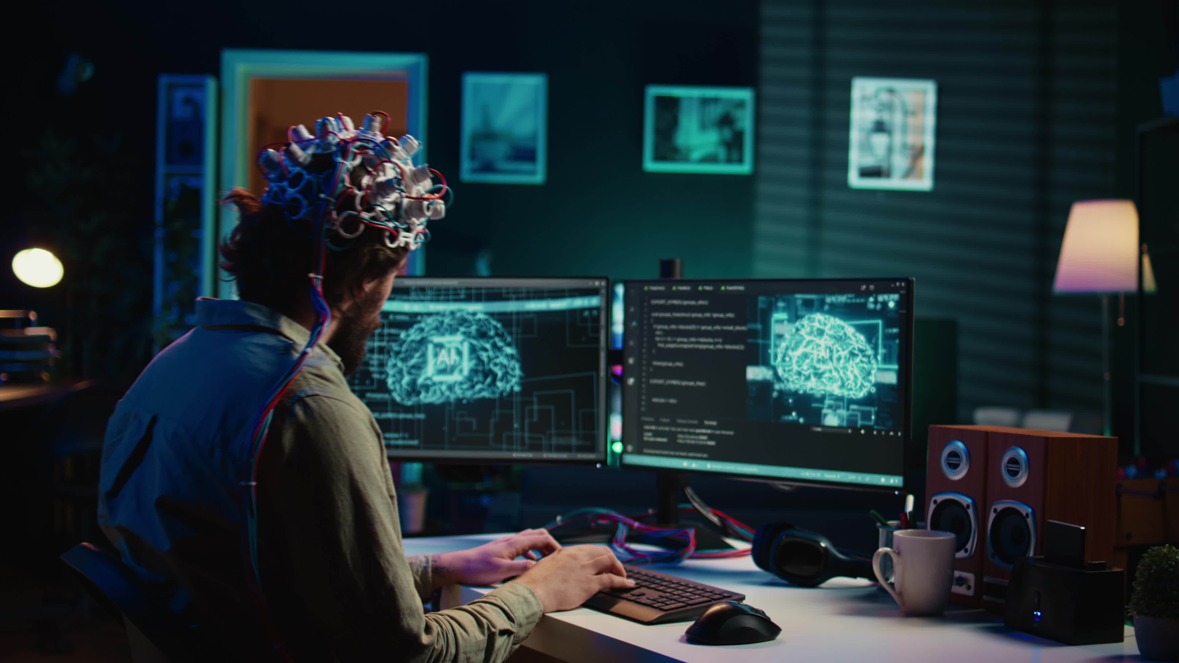 Man With Eeg Headset On Writing Code Allowing Him To Transfer Mind Into