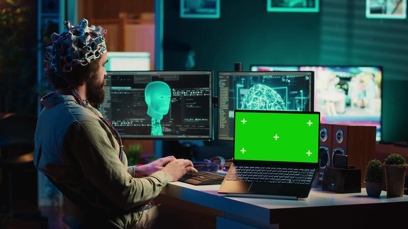 Computer scientist uploading brain into cyberspace, gaining digital persona using green screen ...