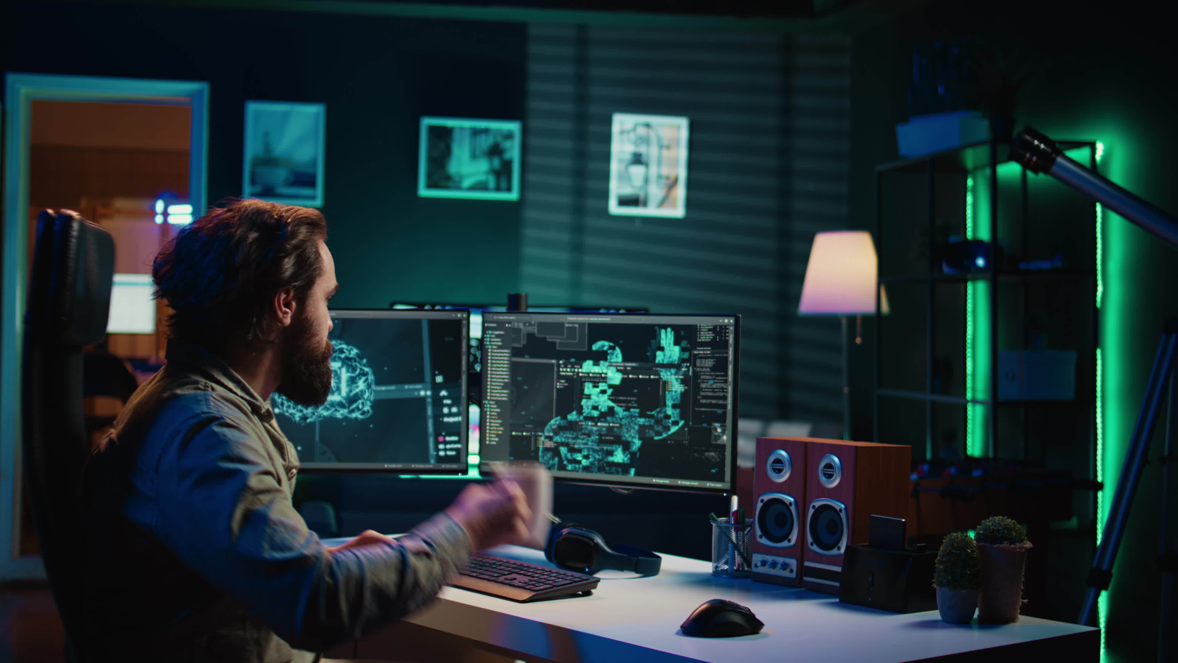 Self aware AGI AI gaining humanoid form inside cyberspace, waving hand ...