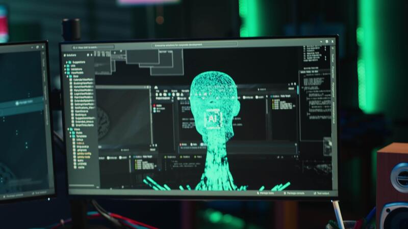 Developer with EEG headset on programming brain transfer into computer ...