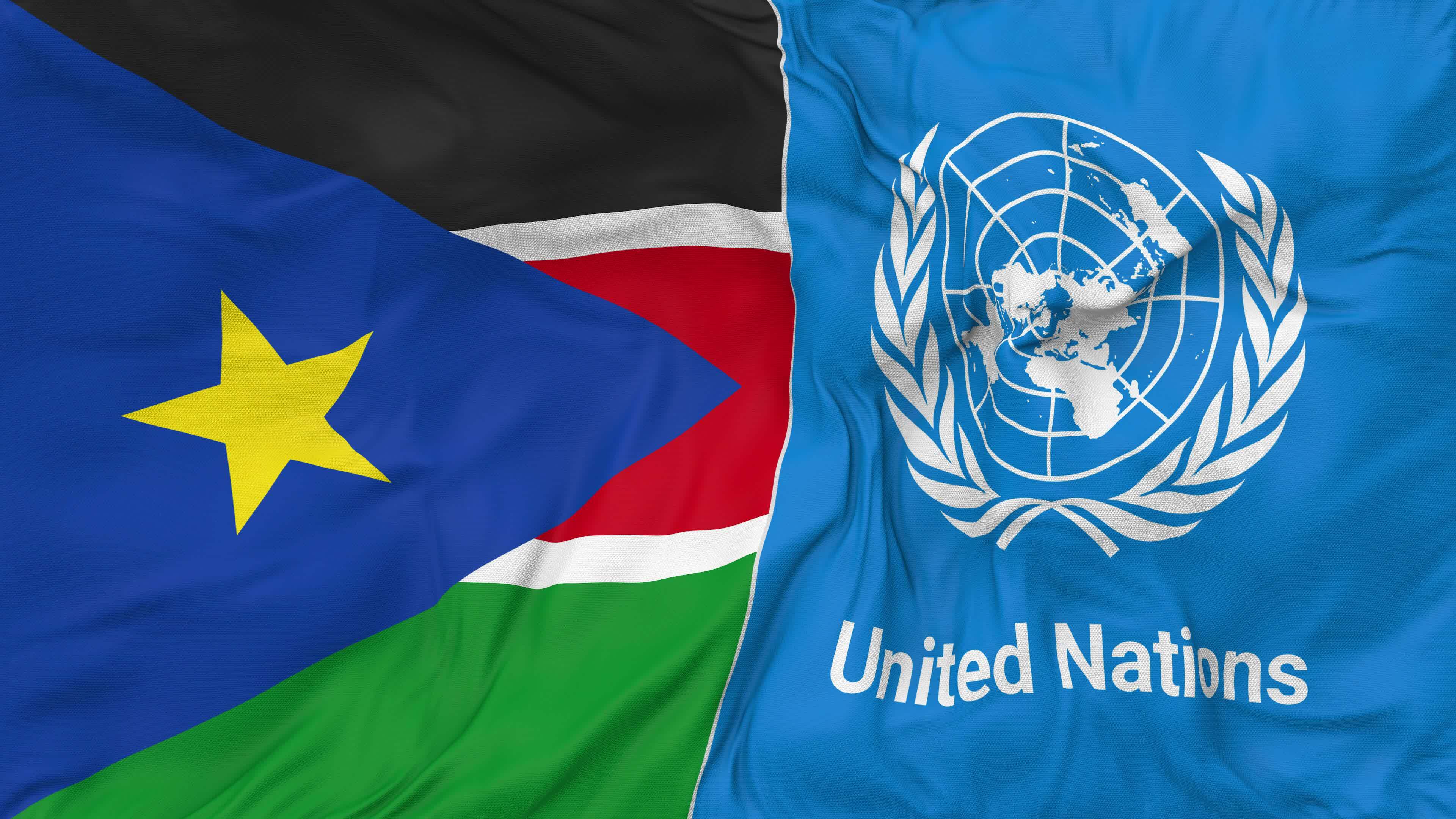 South Sudan and United Nations, UN Flags Together Seamless Looping Background, Looped Bump ...