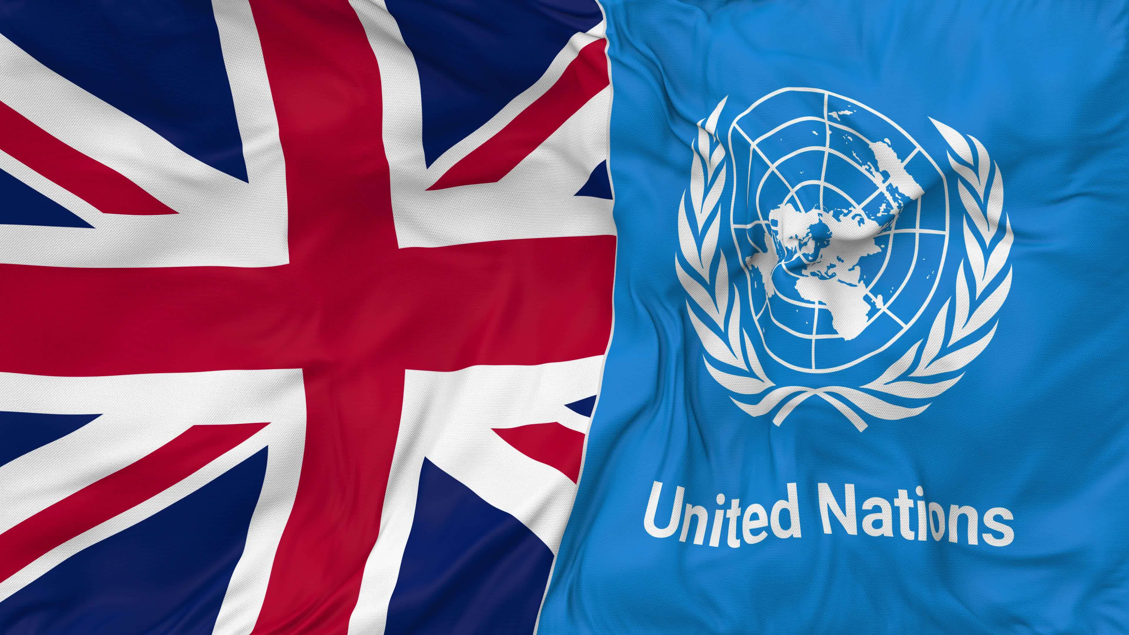 United Kingdom and United Nations, UN Flags Together Seamless Looping Background, Looped Bump ...