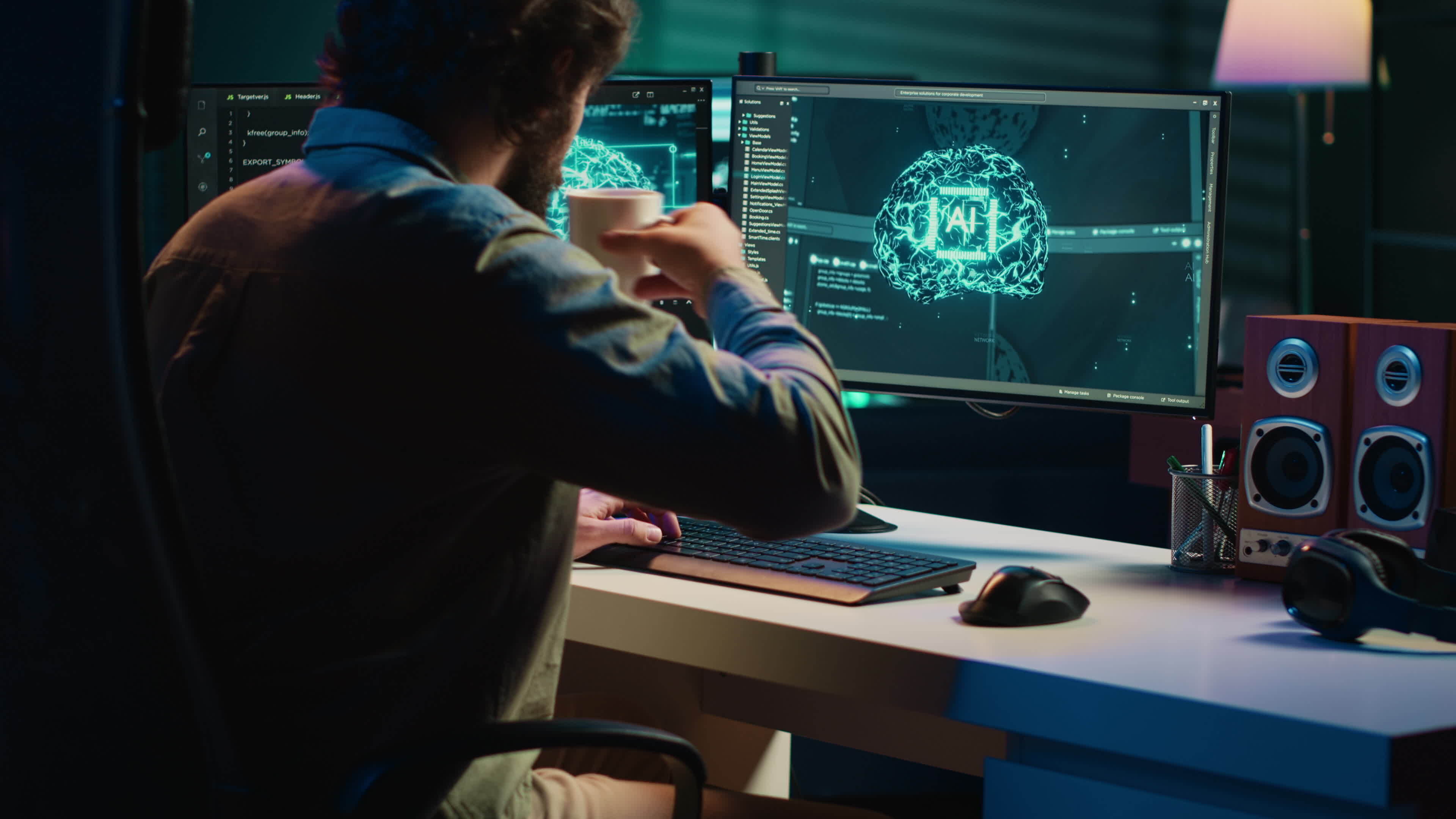 Programmer being asked existential questions by awaken AI gaining consciousness, emulating ...