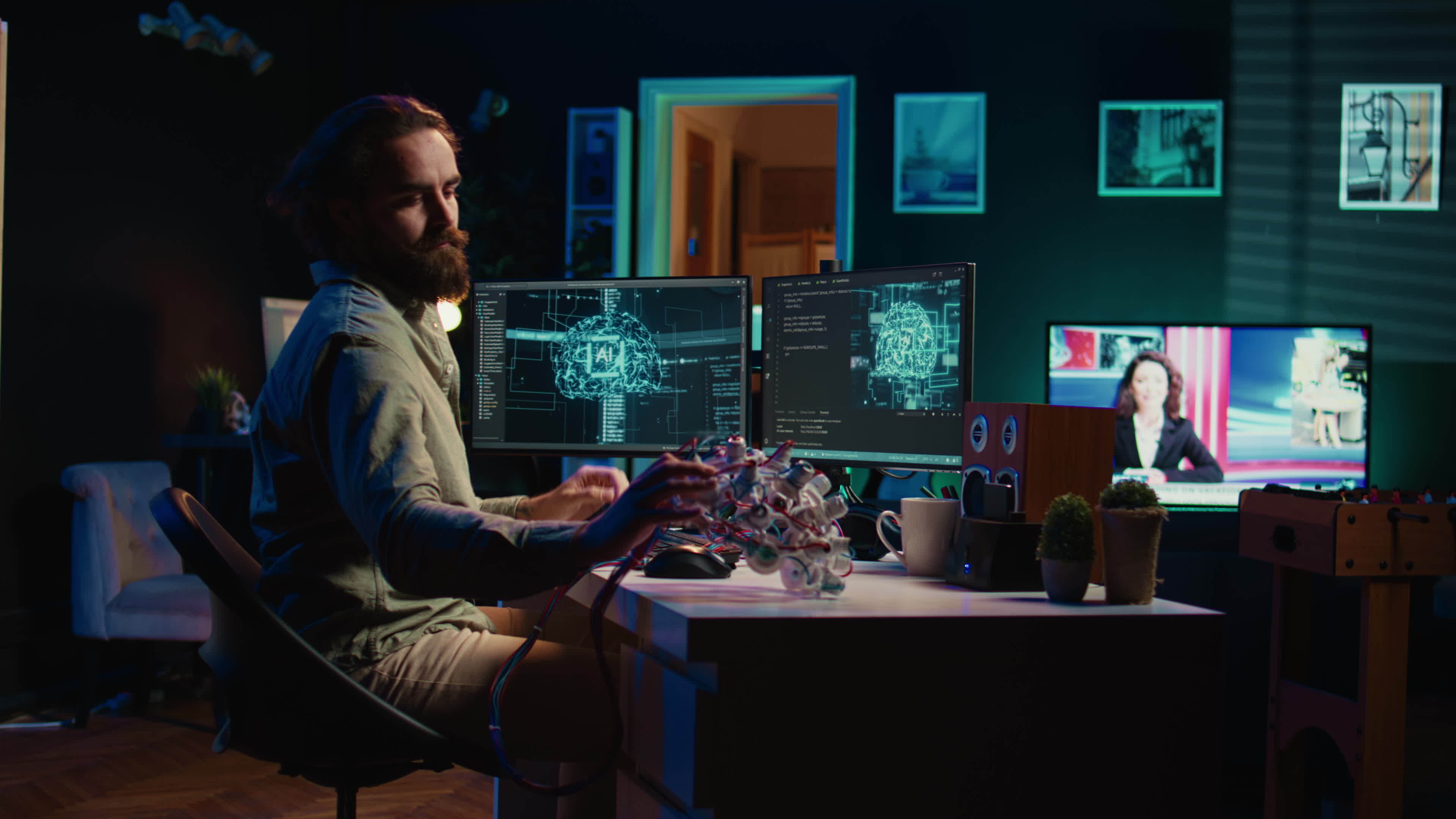 Computer scientist putting EEG headset on, starting mind upload process, trying to gain bionic ...