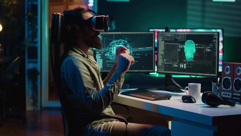 Programmer using VR headset to answer awaken AI gaining consciousness asking existential ...