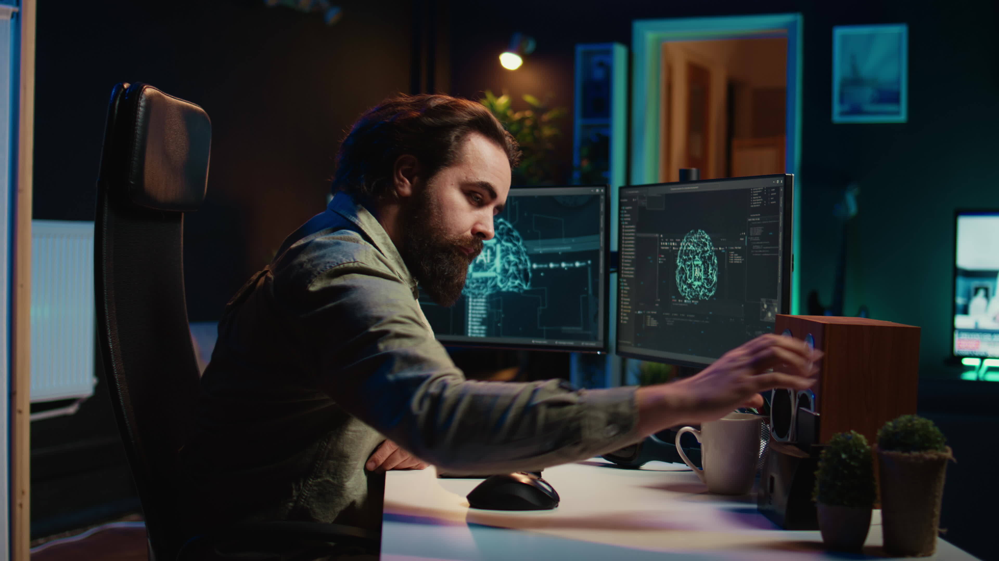 Man inserting disk into PC containing software turning AI into sentient ... Man inserting disk into PC containing software turning AI into sentient ...