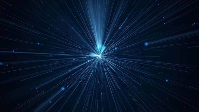 Cosmic interstellar hyperspace motion background animation. Flying at warp speed through glowing ...