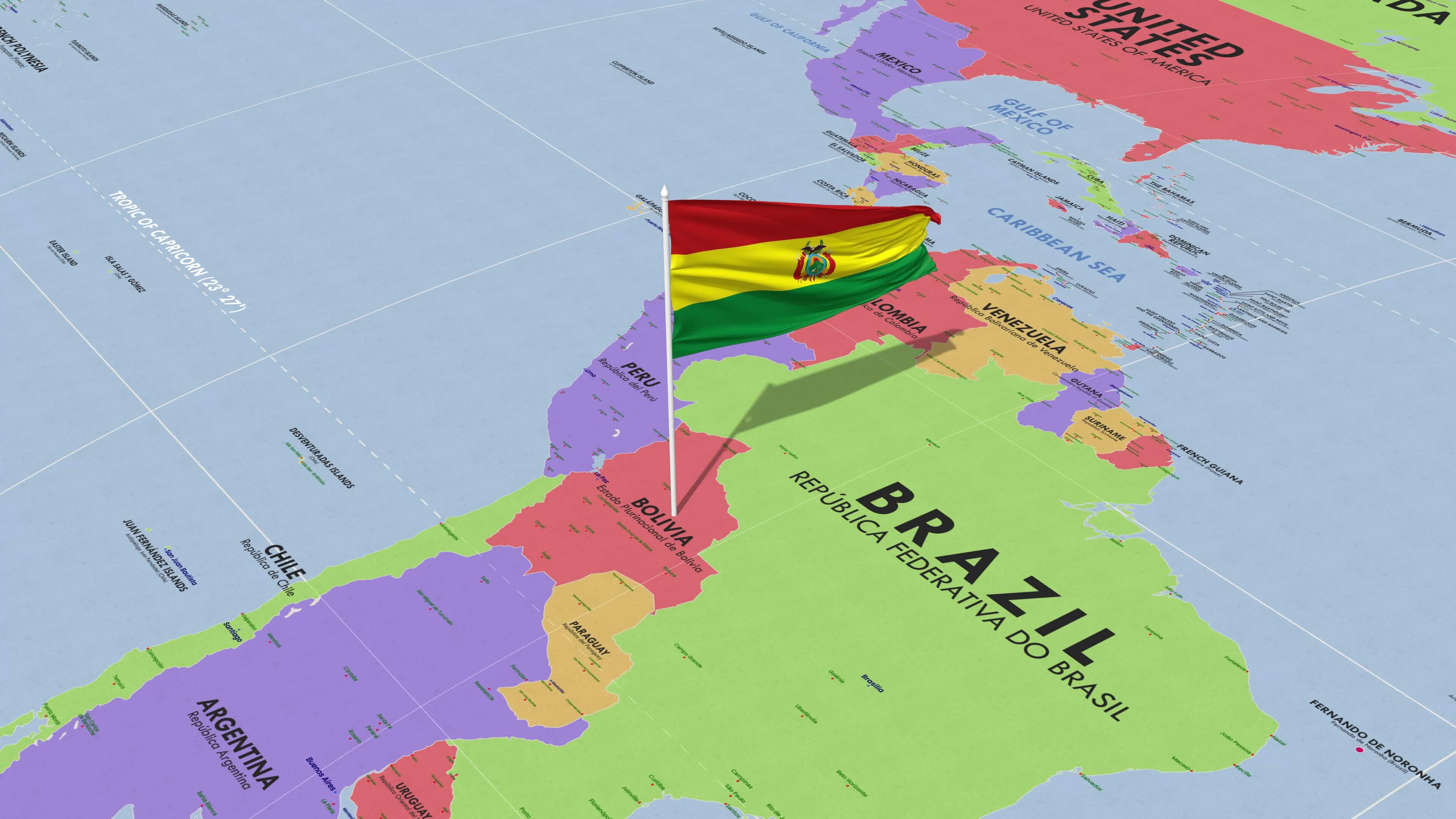 Bolivia Flag Waving In Wind World Map Rotating Around Flag Seamless Loop 3d Rendering