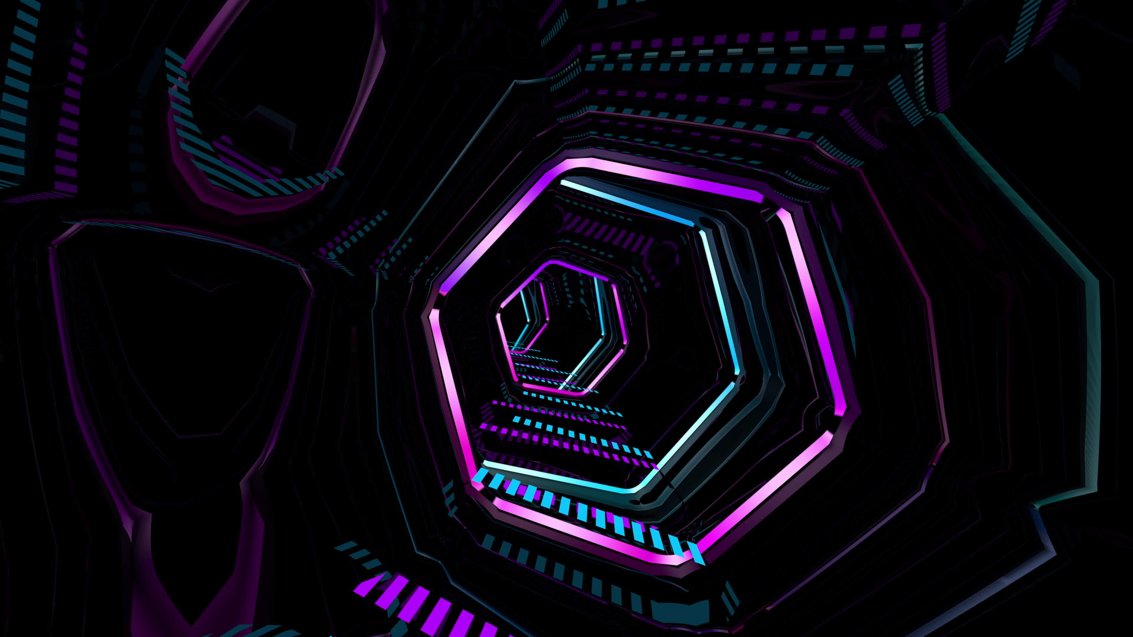 Futuristic black tunnel with hexagonal structure with magenta and cyan lights. Loop sequence. 3D ...
