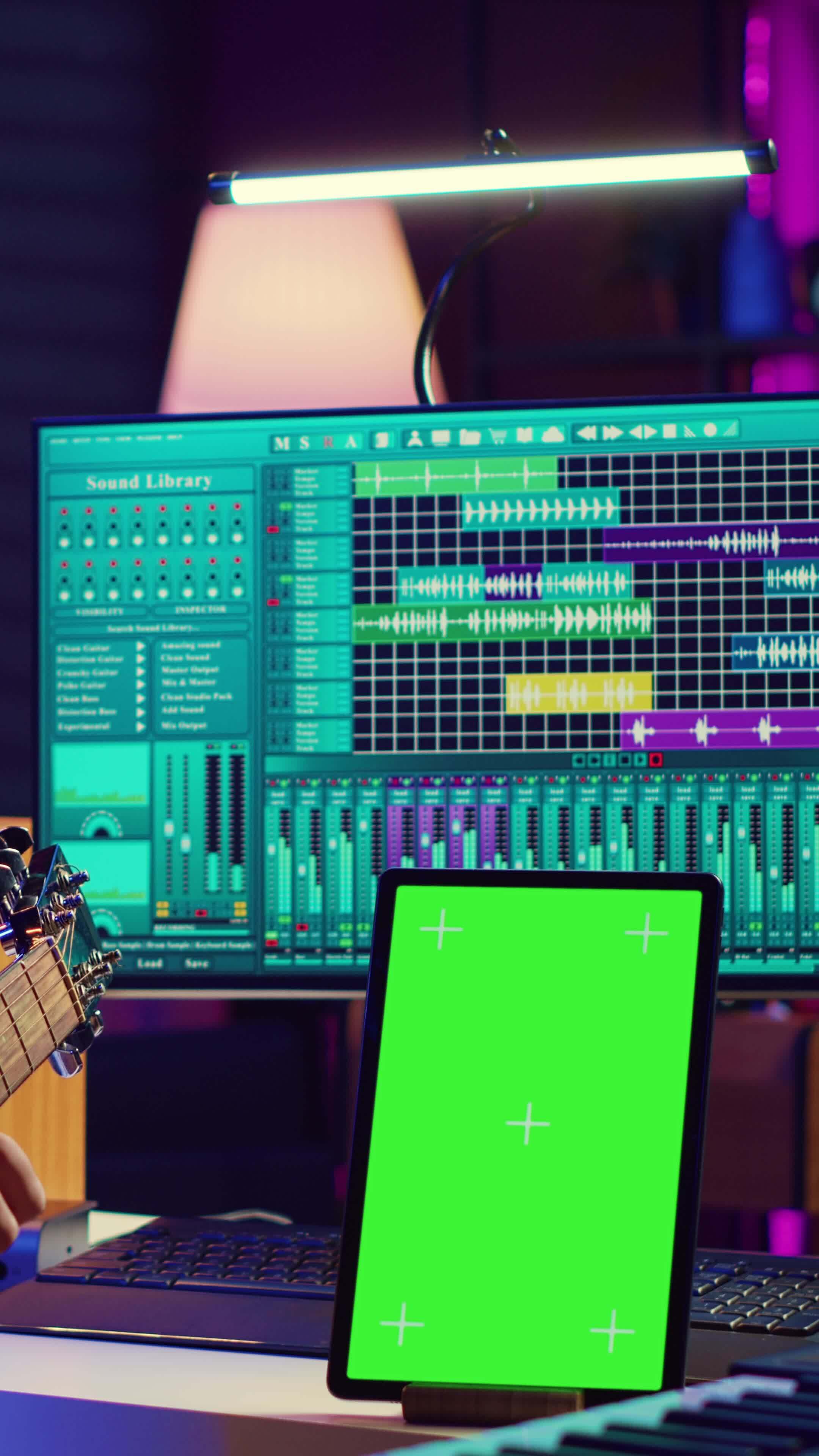 Vertical Video Sound engineer practices playing acoustic guitar using learning app tutorial on ...