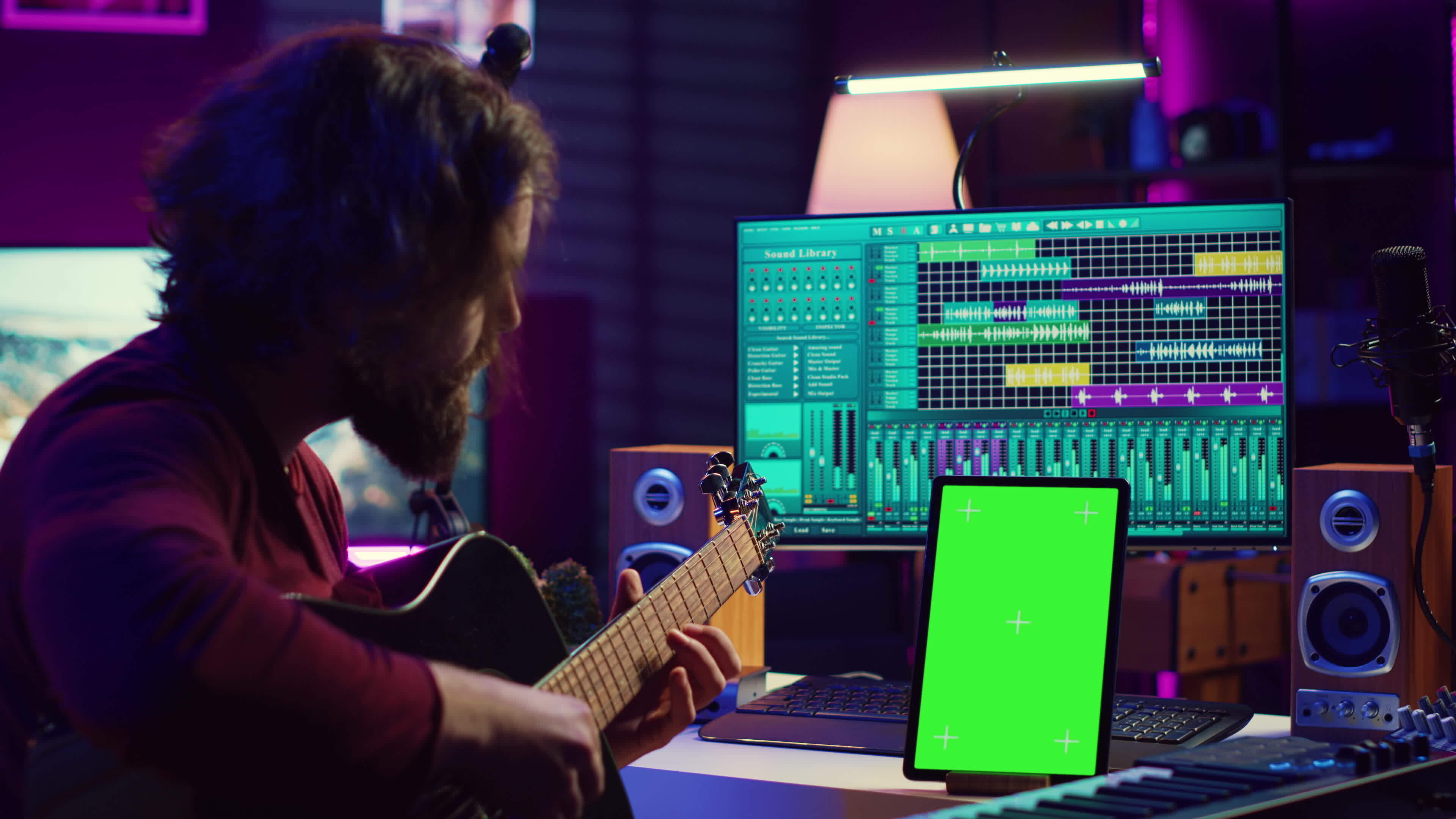 Sound engineer practices playing acoustic guitar using learning app ...