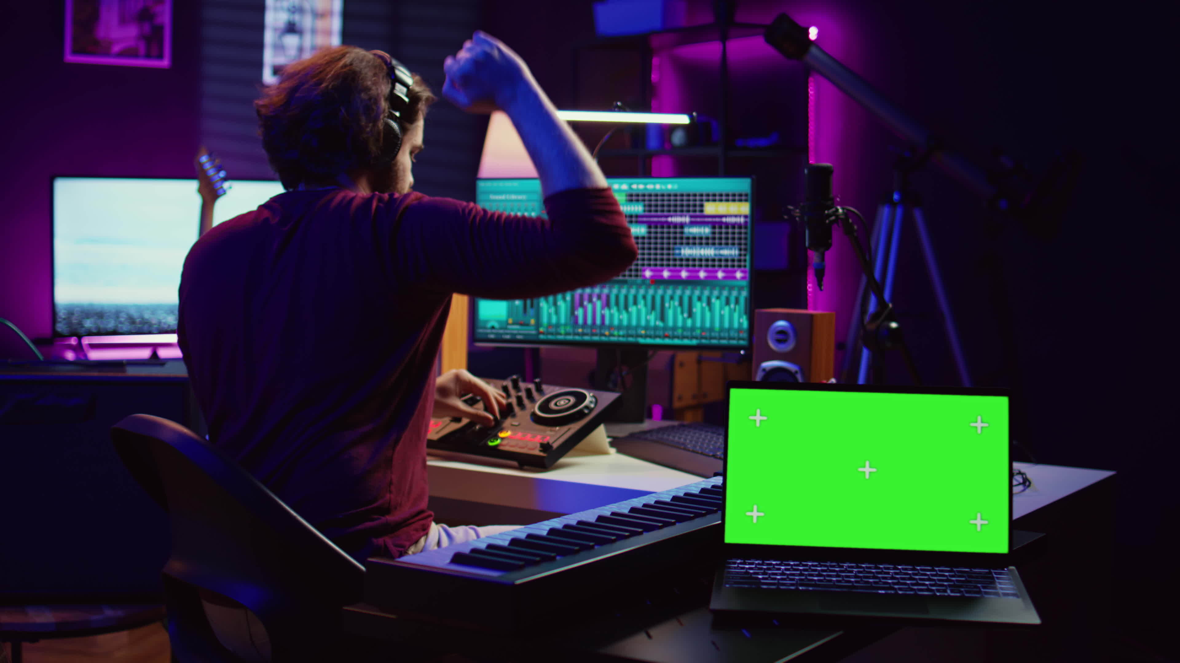Music Engineer Editing Audio Recordings On Mixing Console And Daw