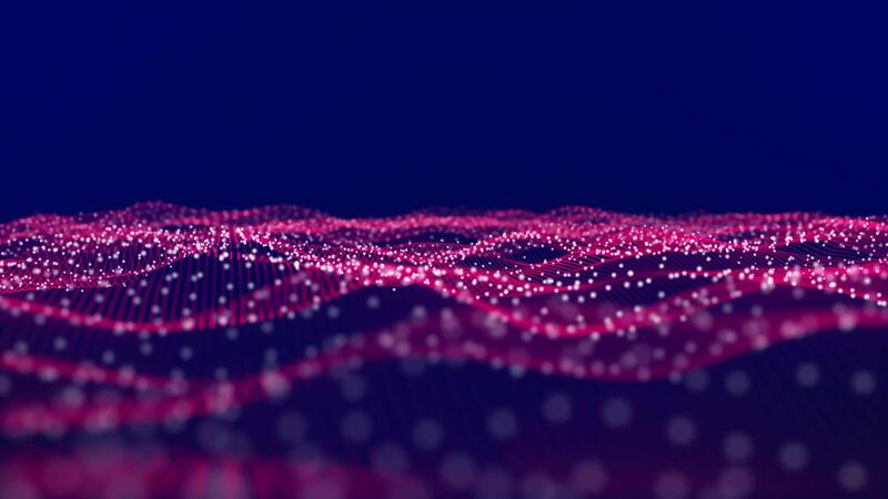 digital dynamic particle waves with light motion lights background, data flow, cyber technology ...