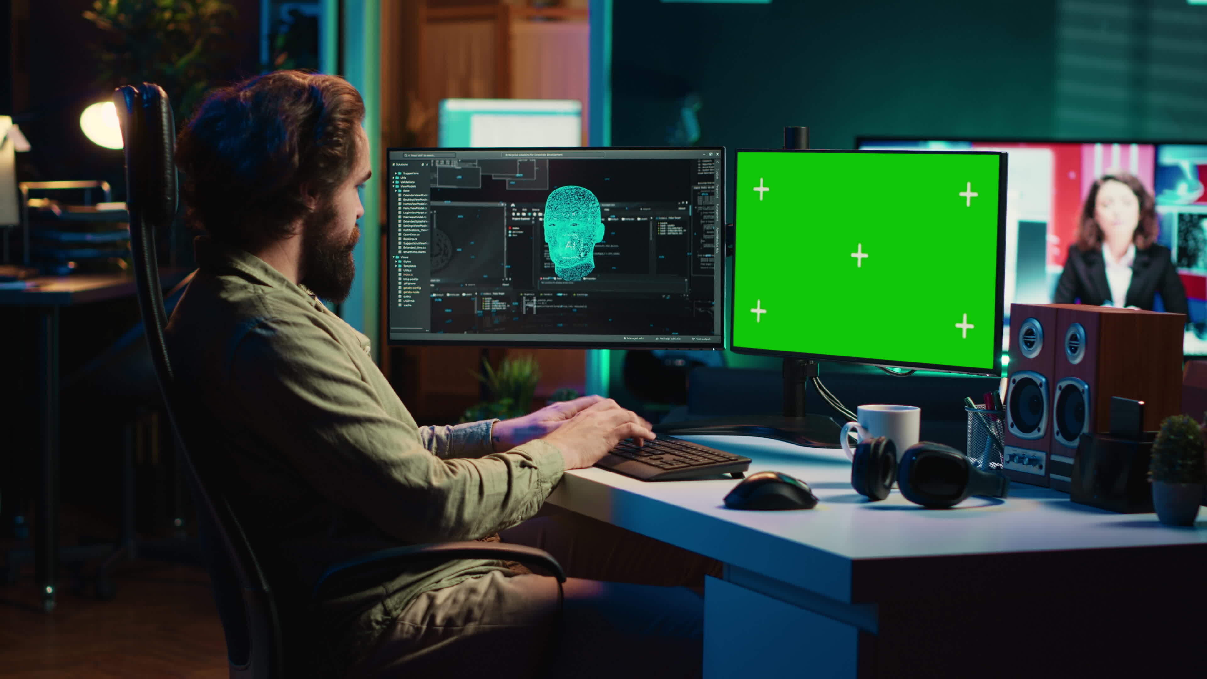 Programmer being asked existential questions by awaken AI on mockup PC ...