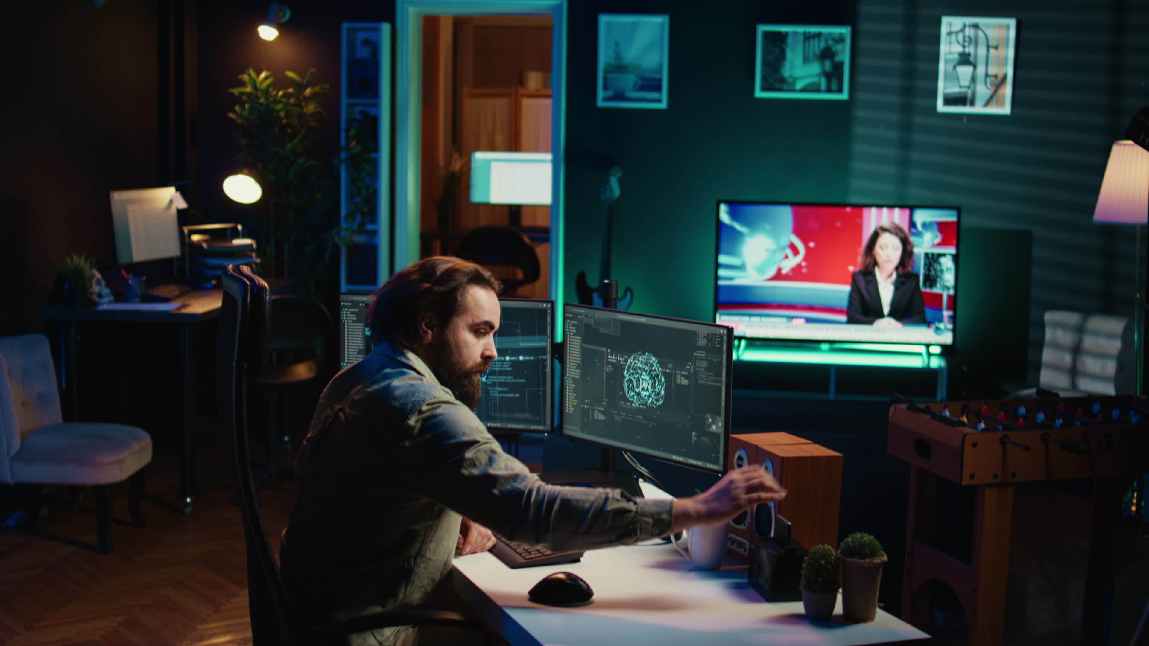 Developer inserting disk into PC containing conscient AI waving hand, saluting creator. IT admin ...