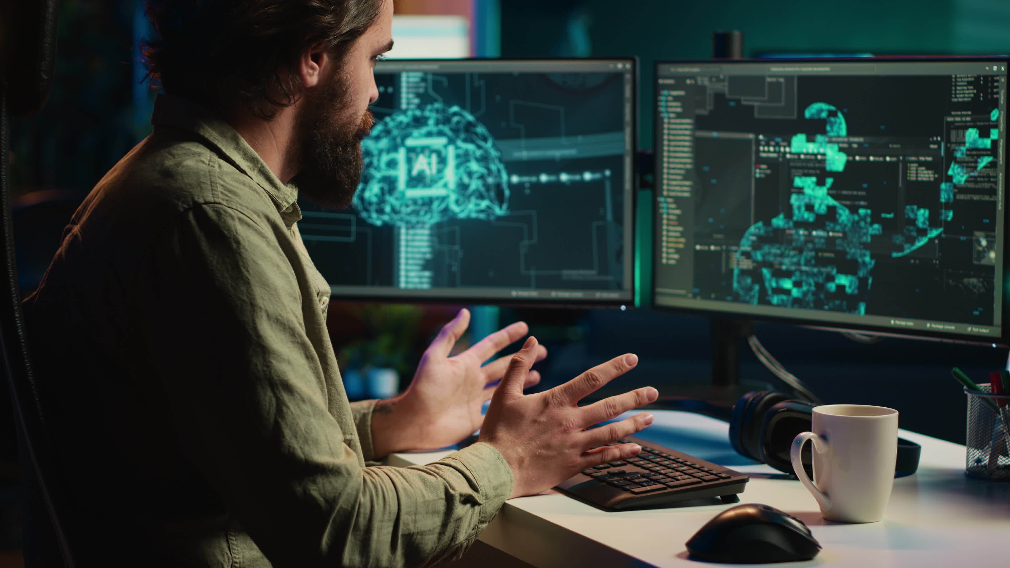 Sentient AI gains humanoid form inside computer, waving hand, greeting ...