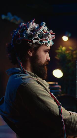 vertical vídeo desarrollador con eeg auriculares en programación ...