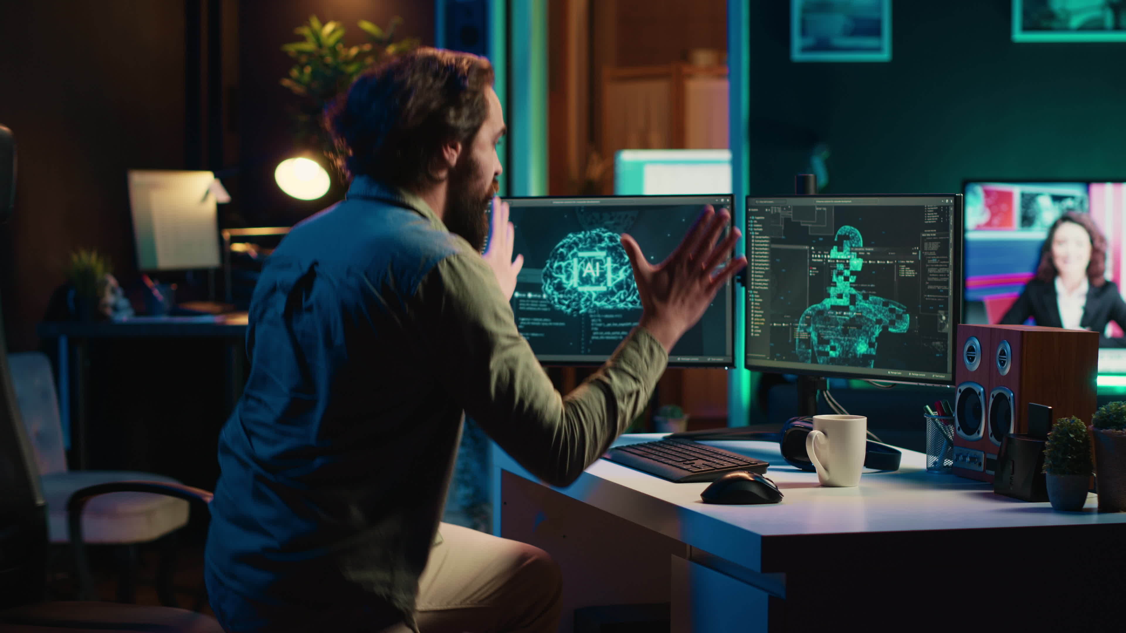 Programmer Creating Sentient Ai Bowing In Adulation To New Overlord