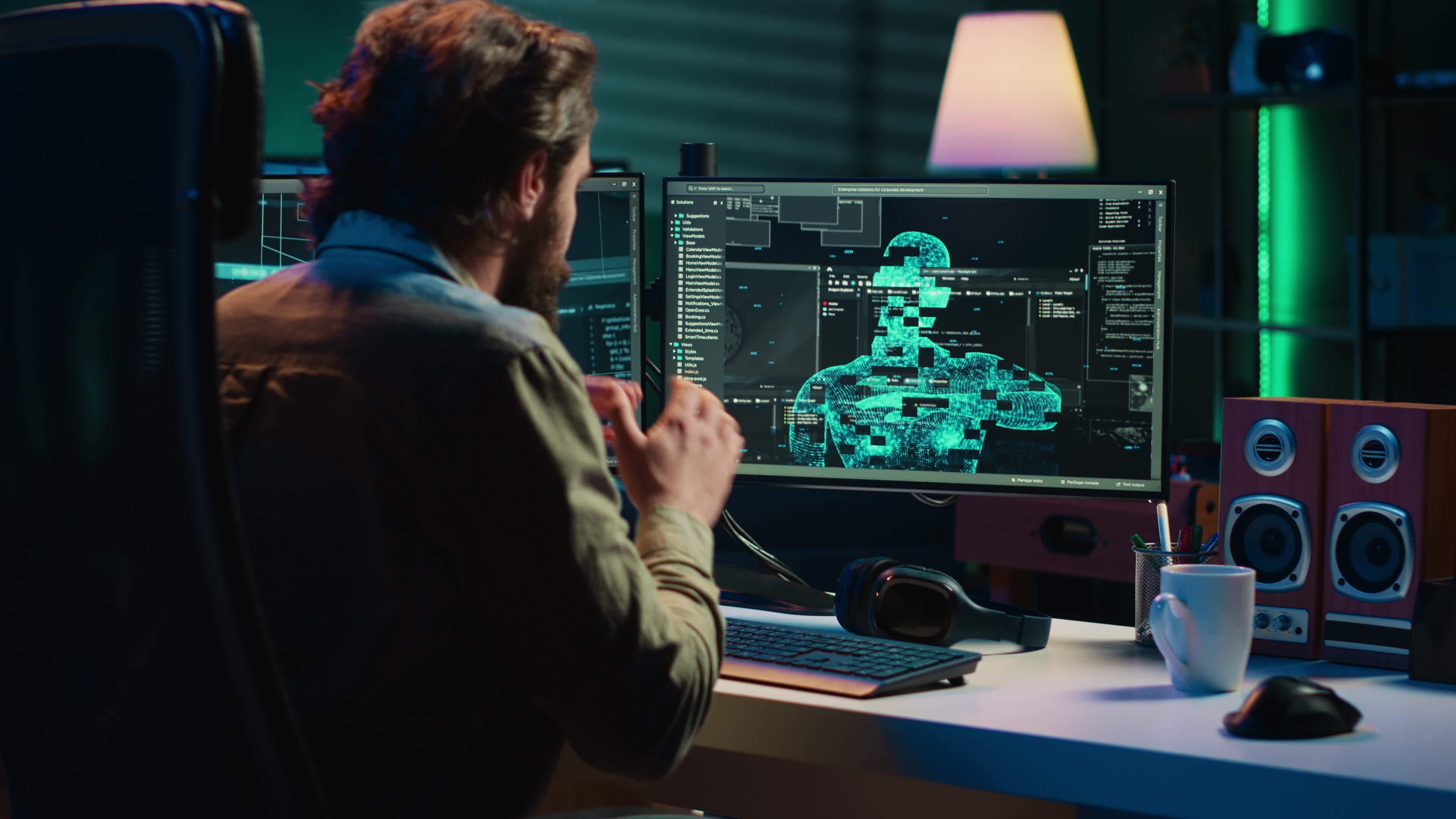 Self aware AI gaining humanoid form inside cyberspace, waving hand ...