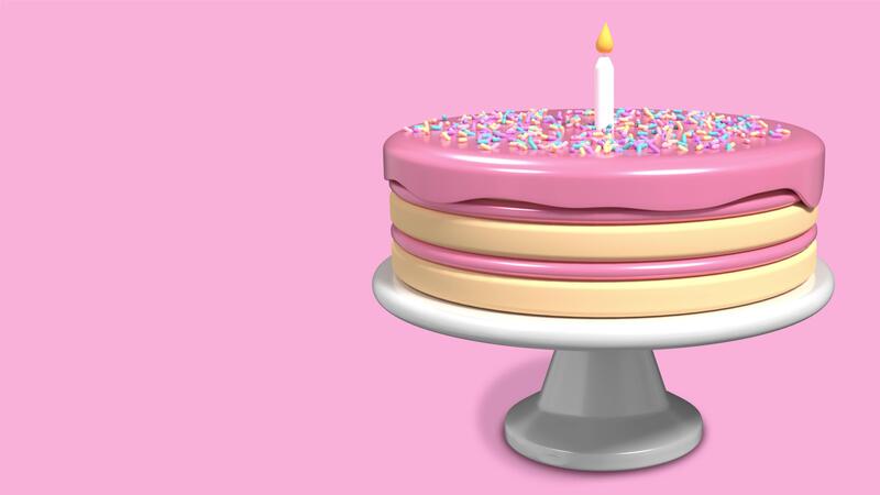 3D animation of birthday cake. Cute birthday cake animation. Pink cake with candle and sprinkles ...