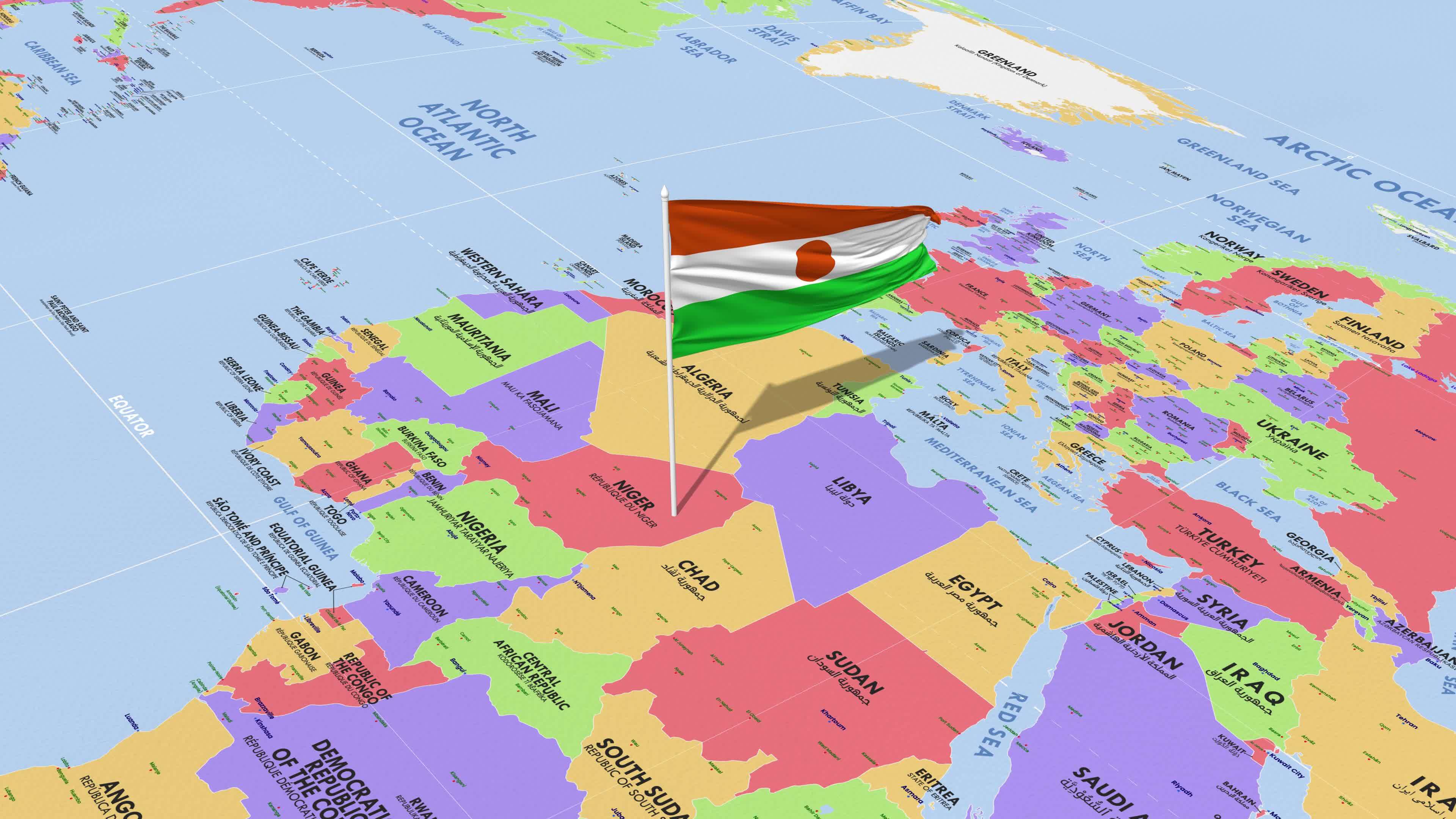 Niger Flag Waving in Wind, World Map Rotating around Flag, Seamless ...