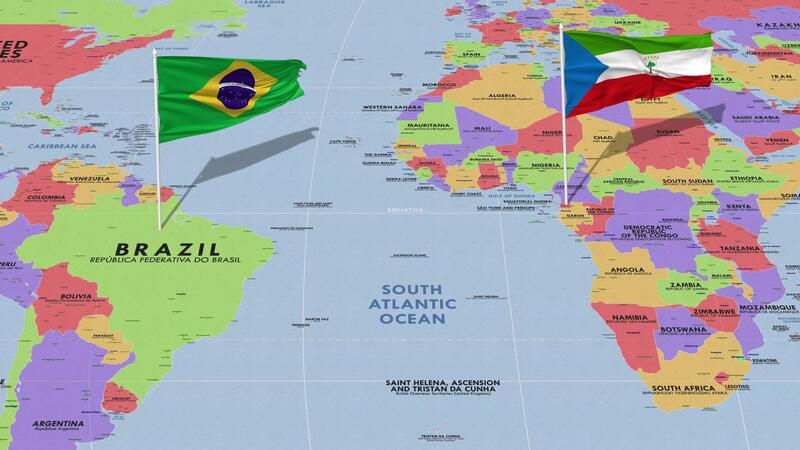 Equatorial Guinea and Brazil Flag Waving with The World Map, Seamless ...