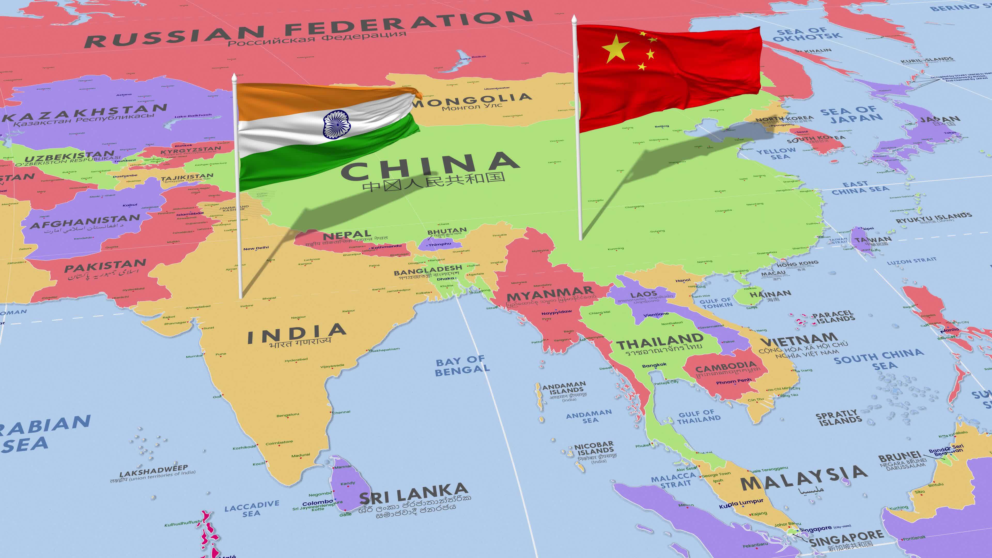 China and India Flag Waving with The World Map, Seamless Loop in Wind ...