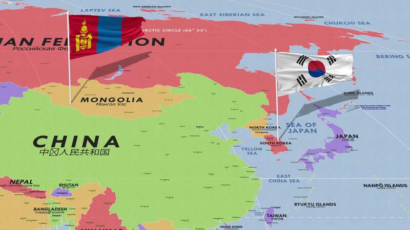 South Korea and Mongolia Flag Waving with The World Map, Seamless Loop ...