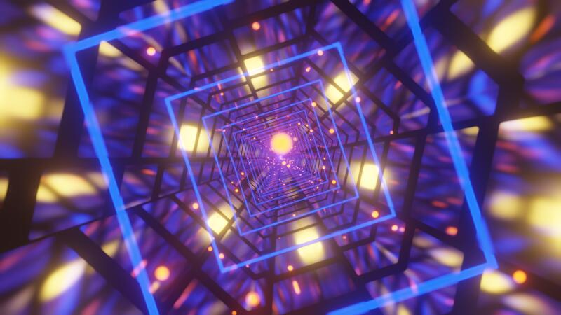 Abstract seamless looped neon animation of Infinite tunnel Squares form tunnel sectors. VJ Loop ...