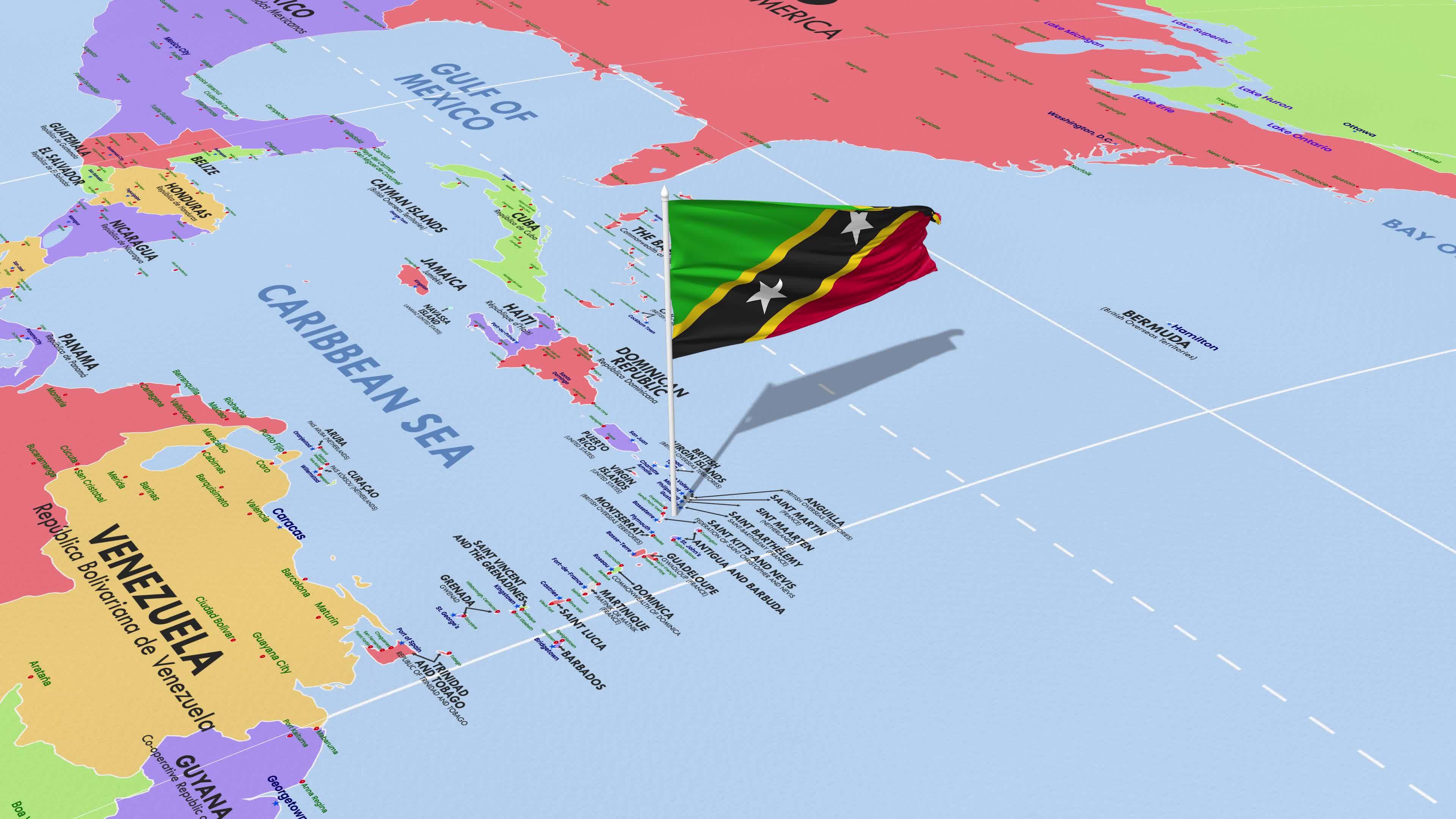 Saint Kitts and Nevis Flag Waving in Wind, World Map Rotating around ...