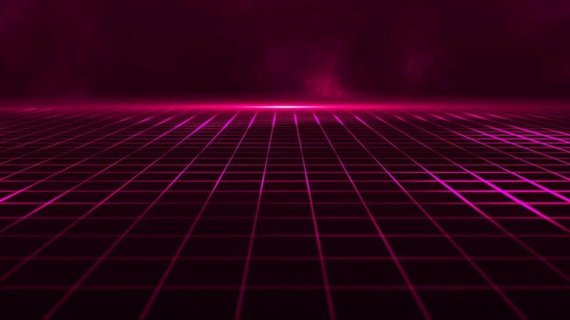 Retro futuristic cyberpunk grid motion background with red glowing neon light beams. This ...