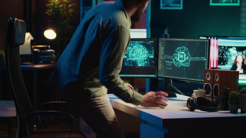 Computer scientist updating artificial intelligence algorithm, making it become sentient. IT ...