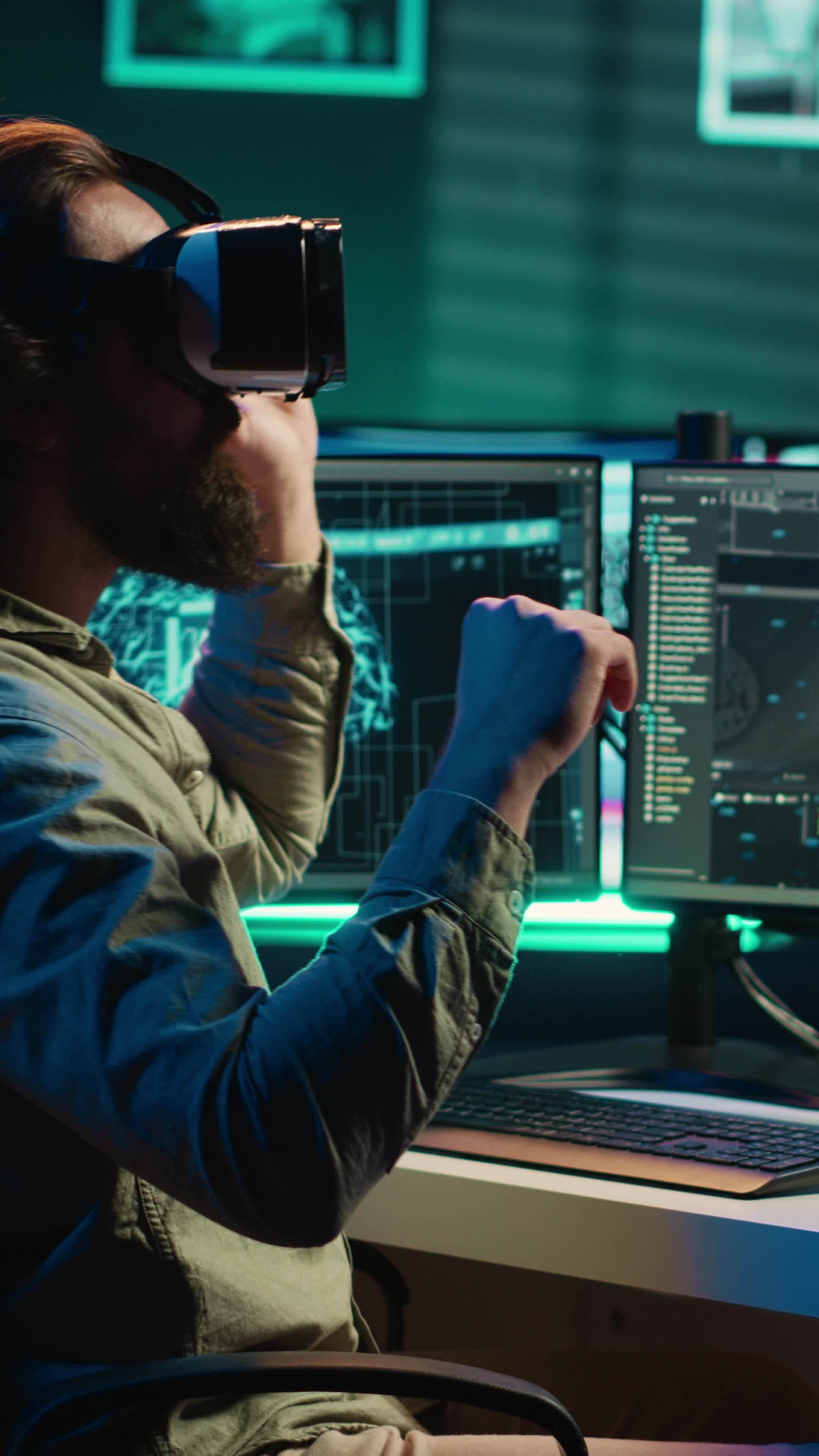 Vertical video Developer using VR headset to chat with sentient artificial intelligence with own ...